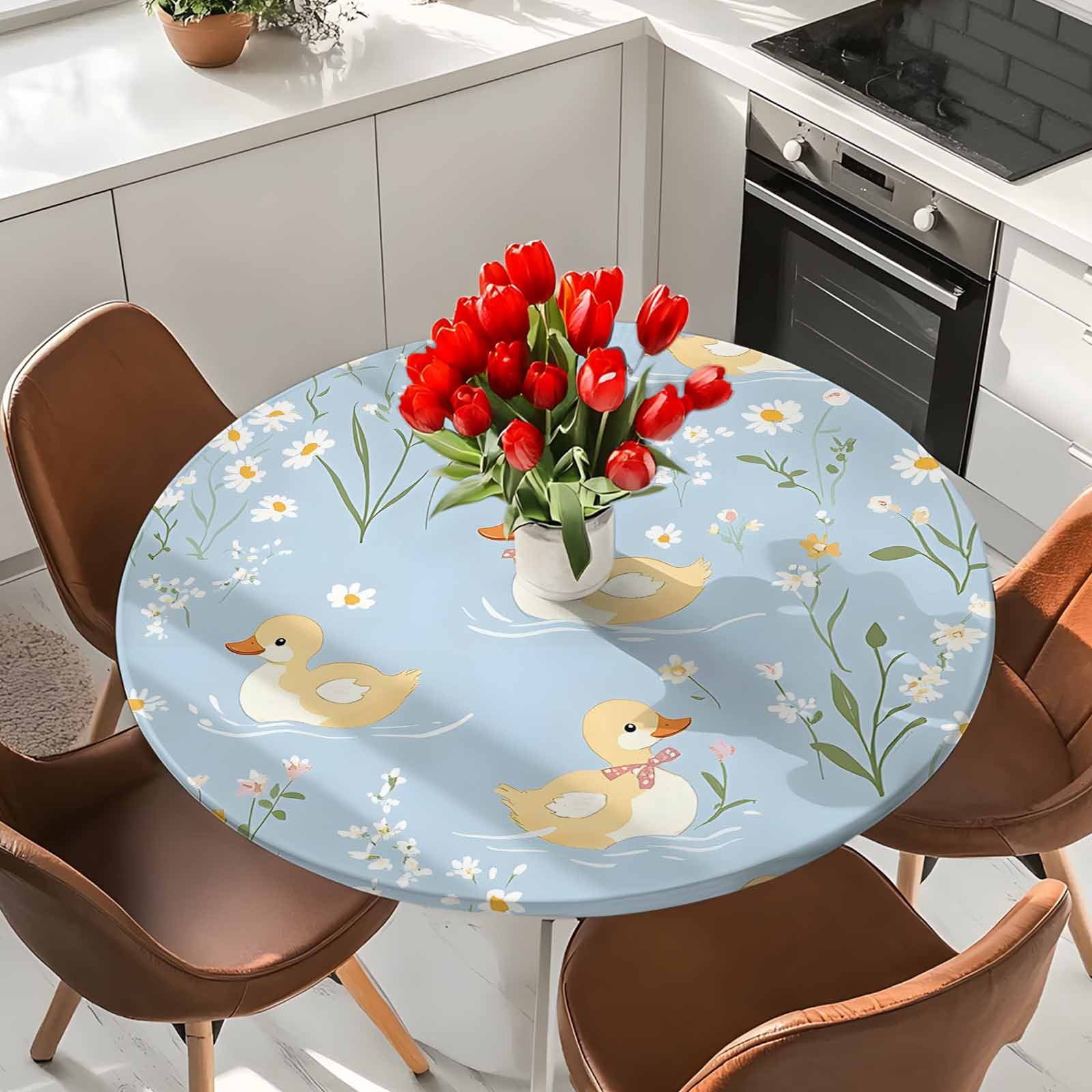 Cartoon Cute Duck Flower Round Fitted Tablecloth with Elastic Edge ...