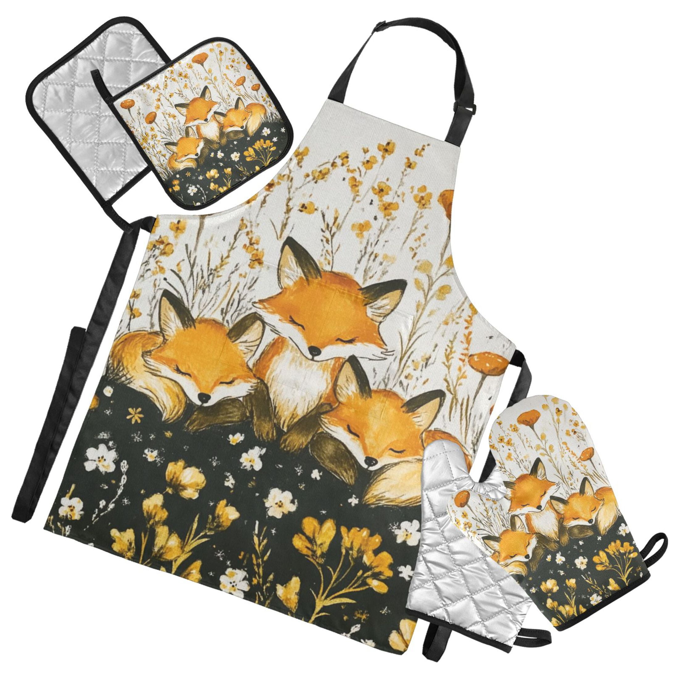 Cartoon Cute Fox Oven Mitts and Pot Holders with Chef Apron Set 5 Pcs ...