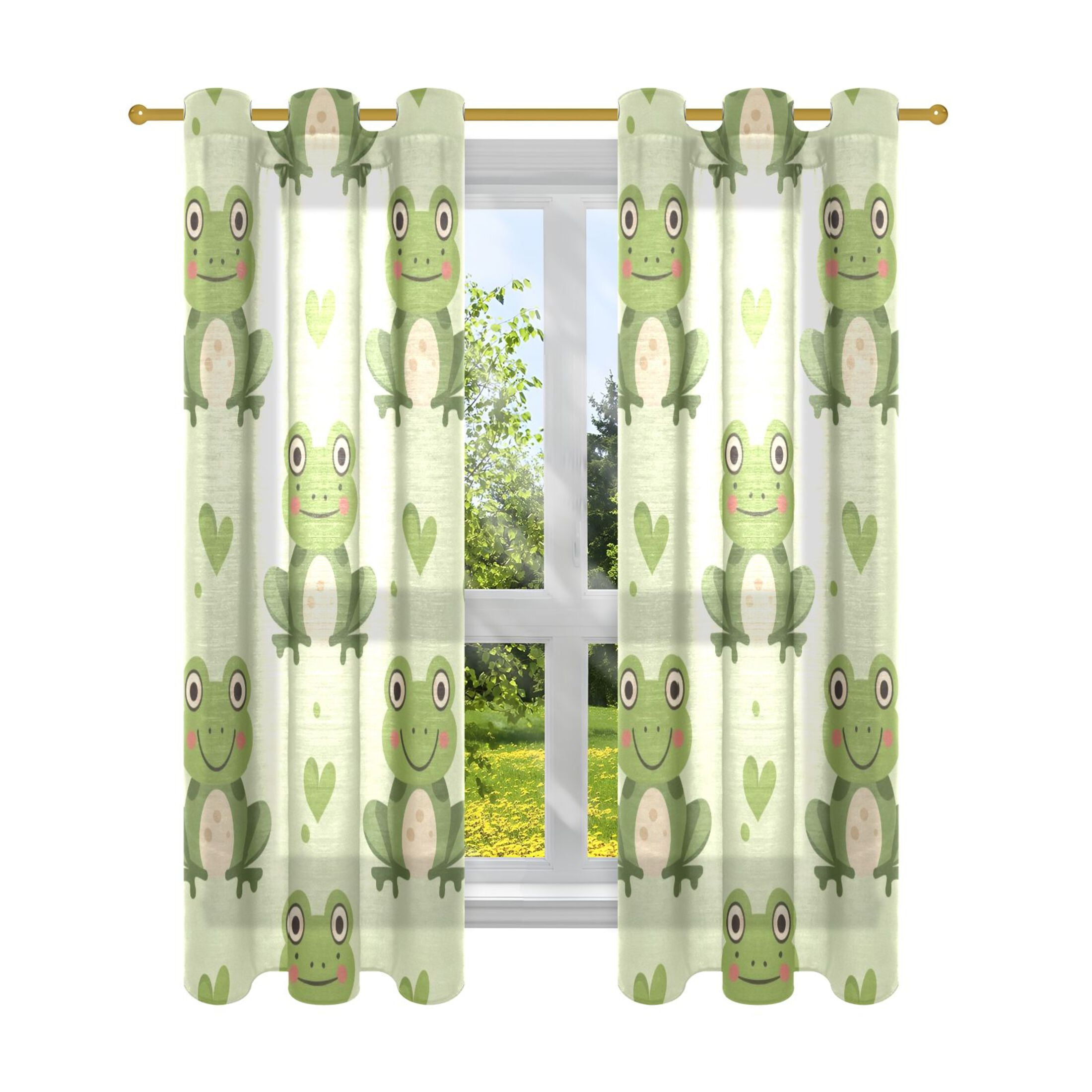 Cartoon Cute Frog Semi Sheer Curtains 2 Panels Faux Linen Voile Sheer ...