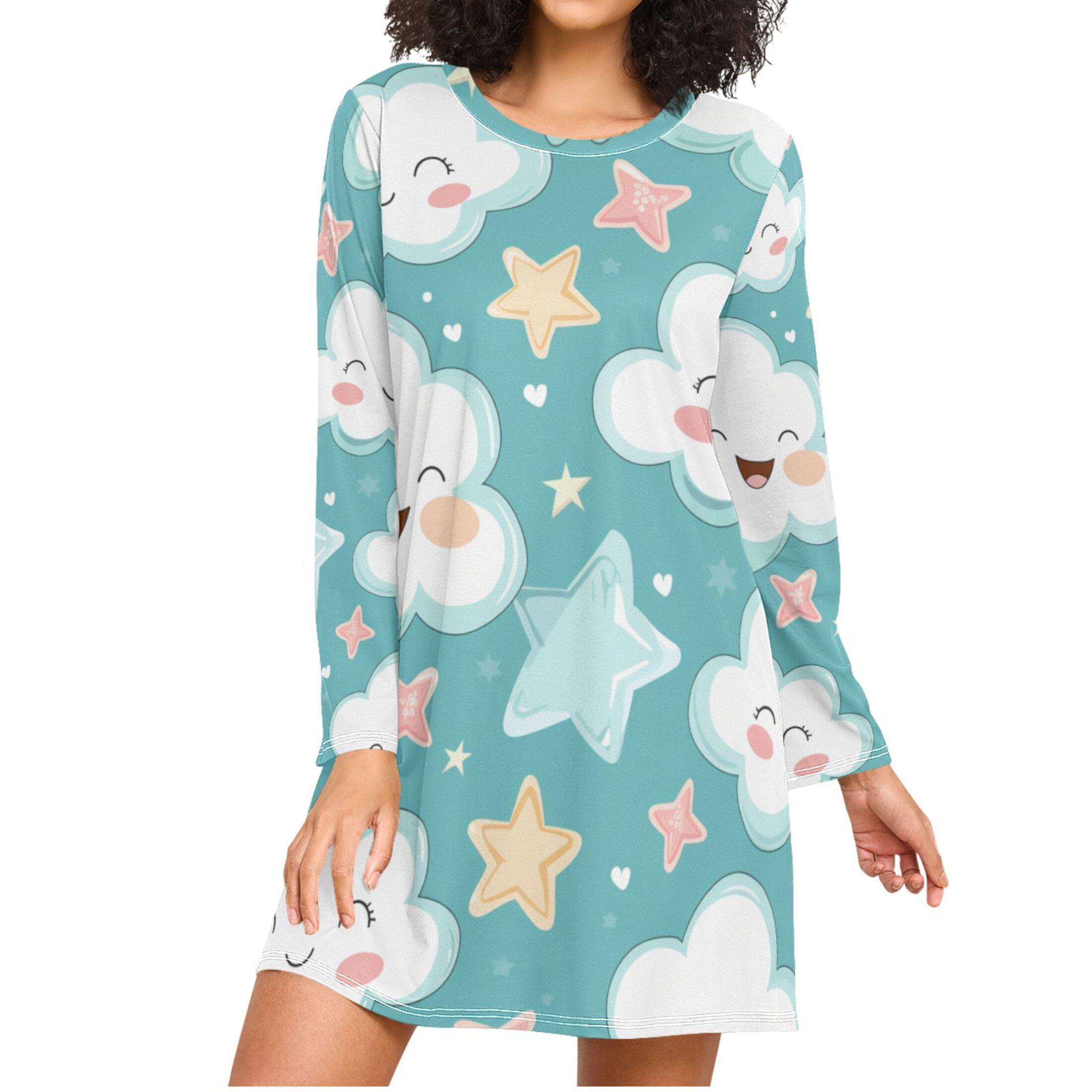 Cartoon Cute Funny Clouds Stars Women's Long Sleeves Nightgowns ...