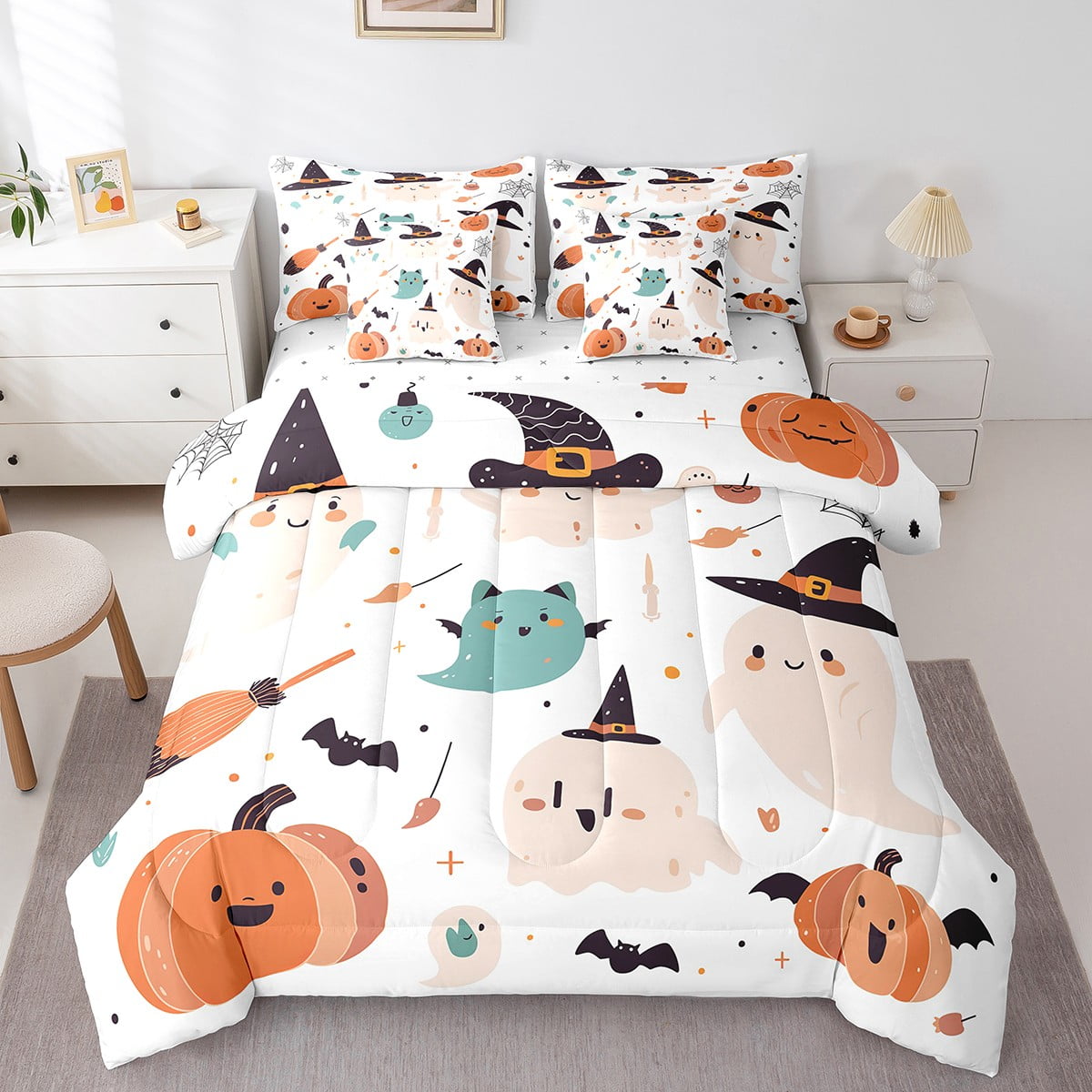 Cartoon Cute Ghost 7 Piece Comforter Set Full Bed in a Bag,Black Bats ...