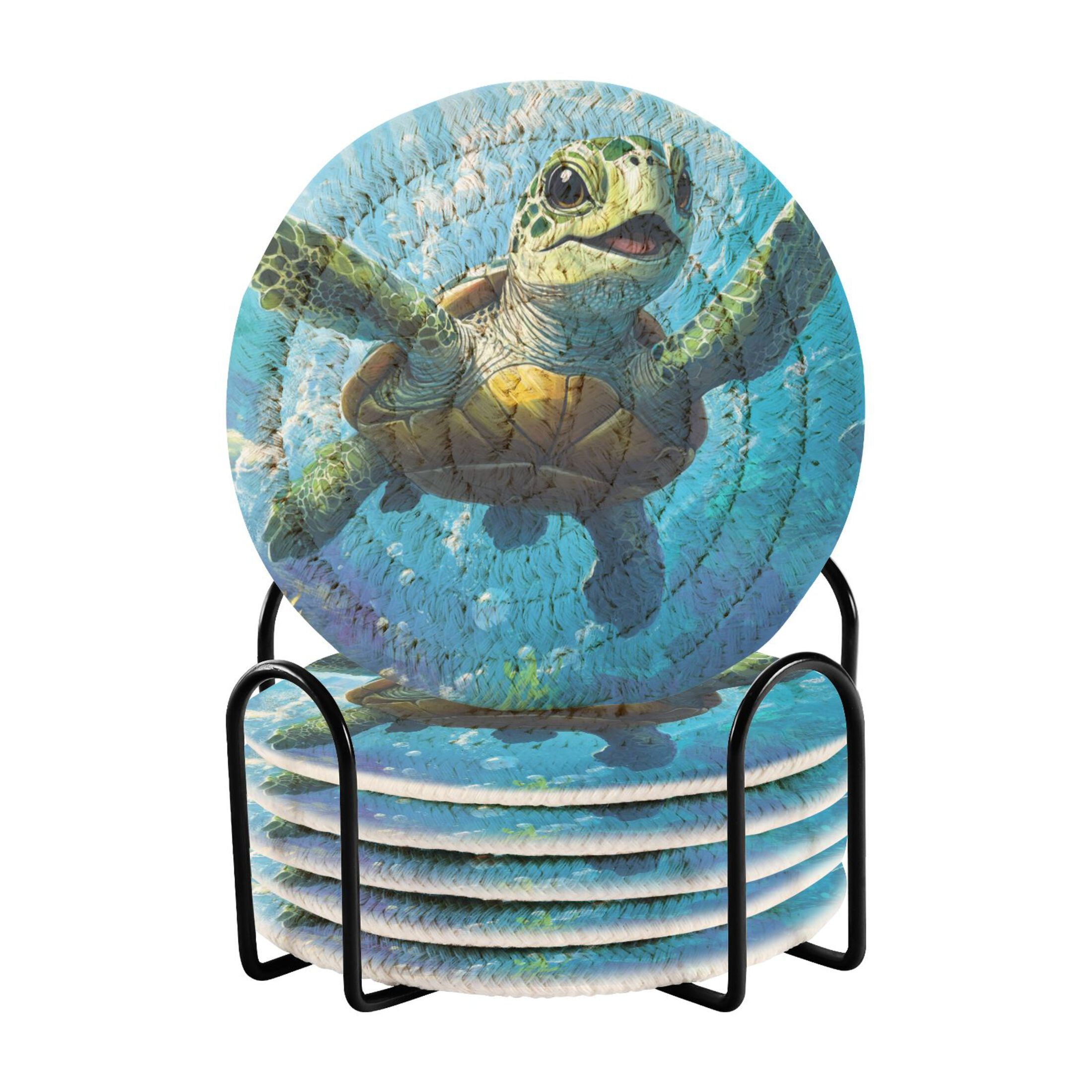 Cartoon Cute Green Turtle Drink Coasters with Holder Absorbent Coaster ...