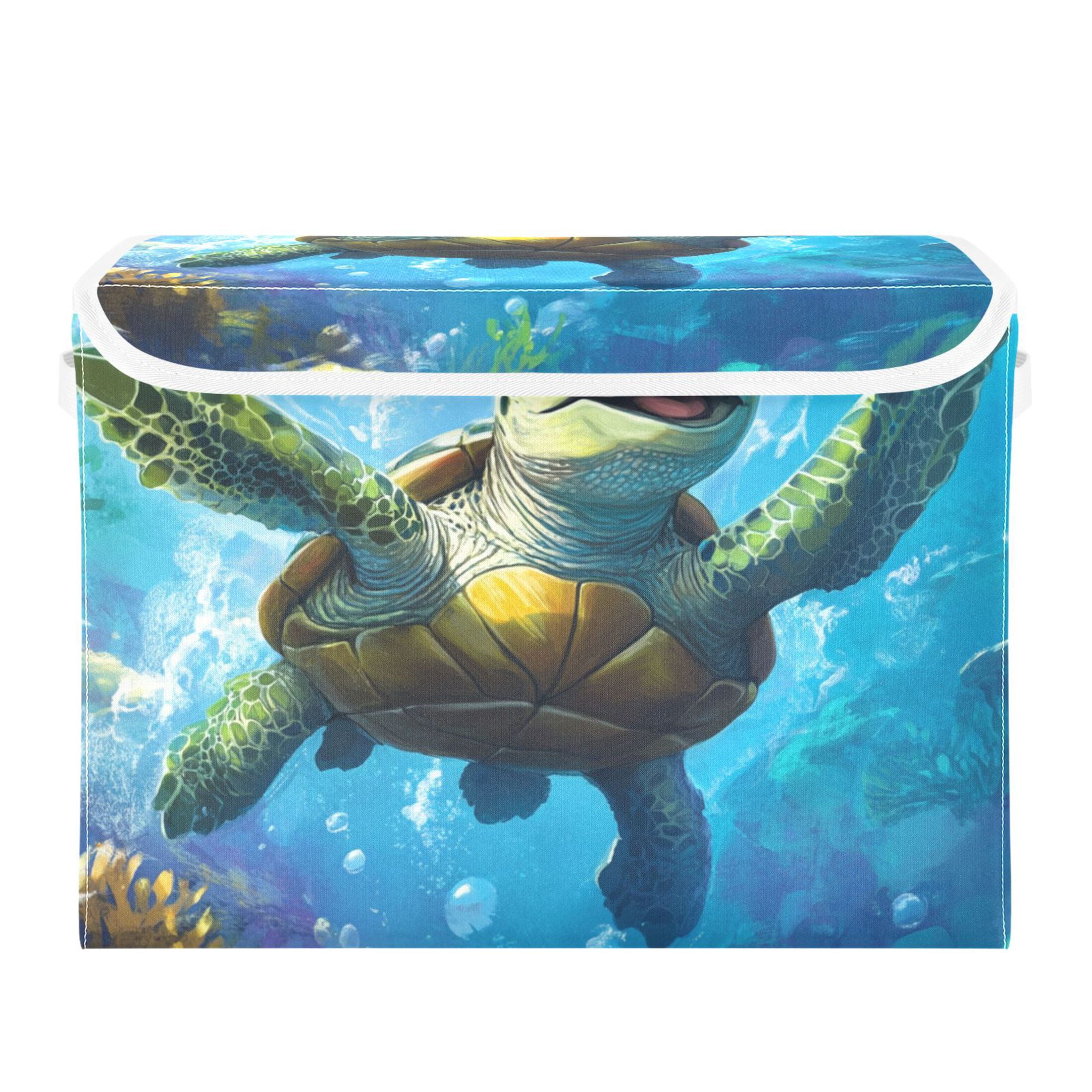 Cartoon Cute Green Turtle Large Storage Bins with Linen Collapsible Lid ...