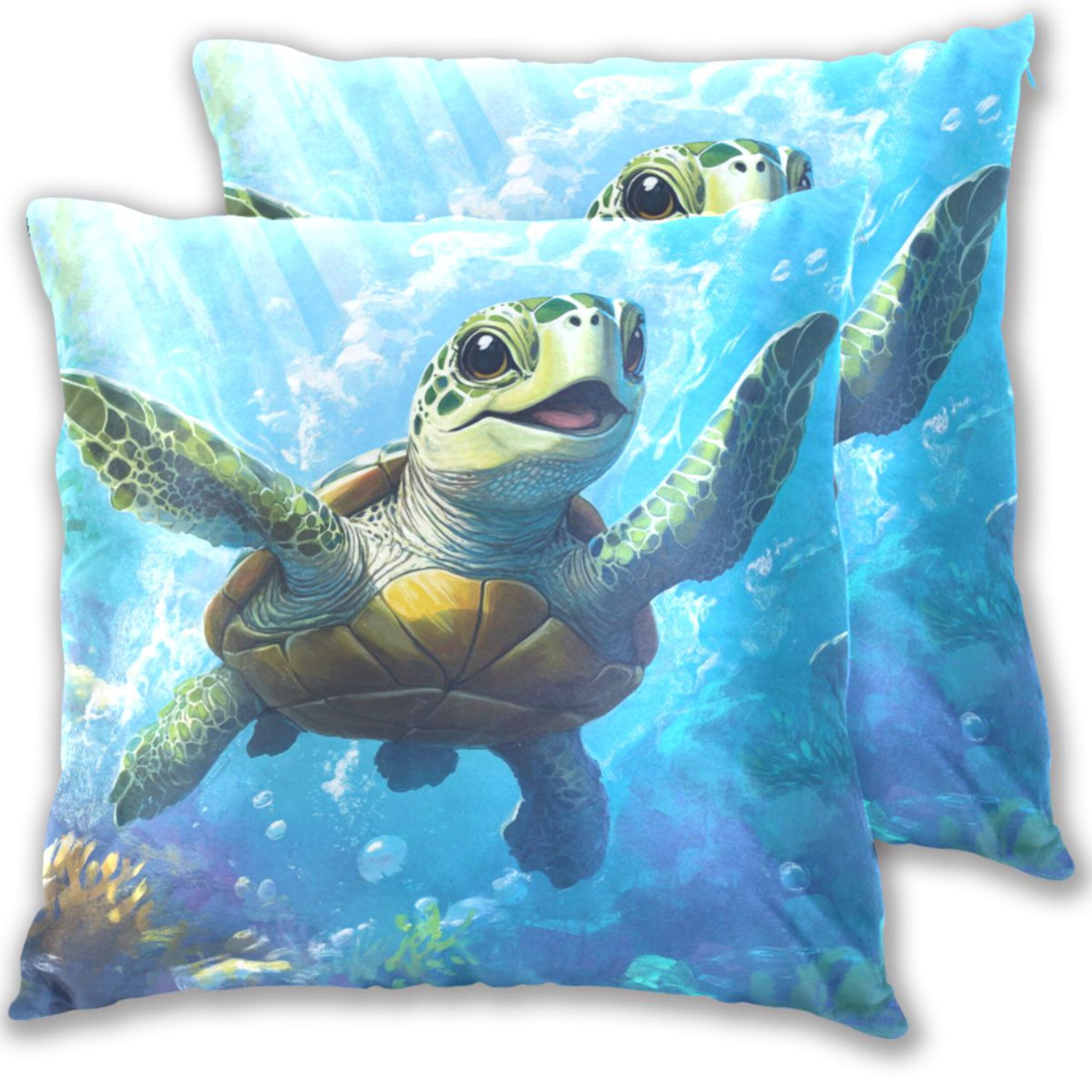Cartoon Cute Green Turtle Throw Pillow Covers 16x16 Inch 2 Packs ...