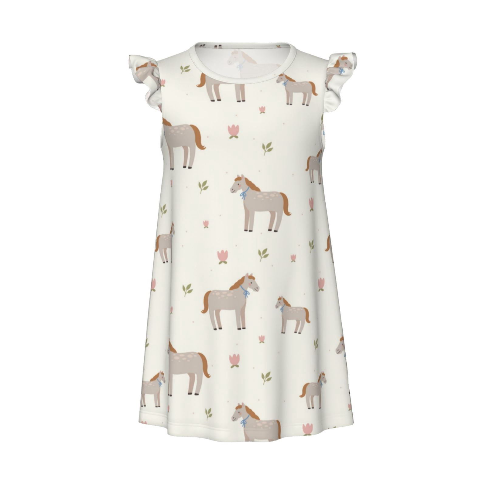 Cartoon Cute Horse Flower_B Girls Nightgowns, Flutter Sleeve Pajamas ...