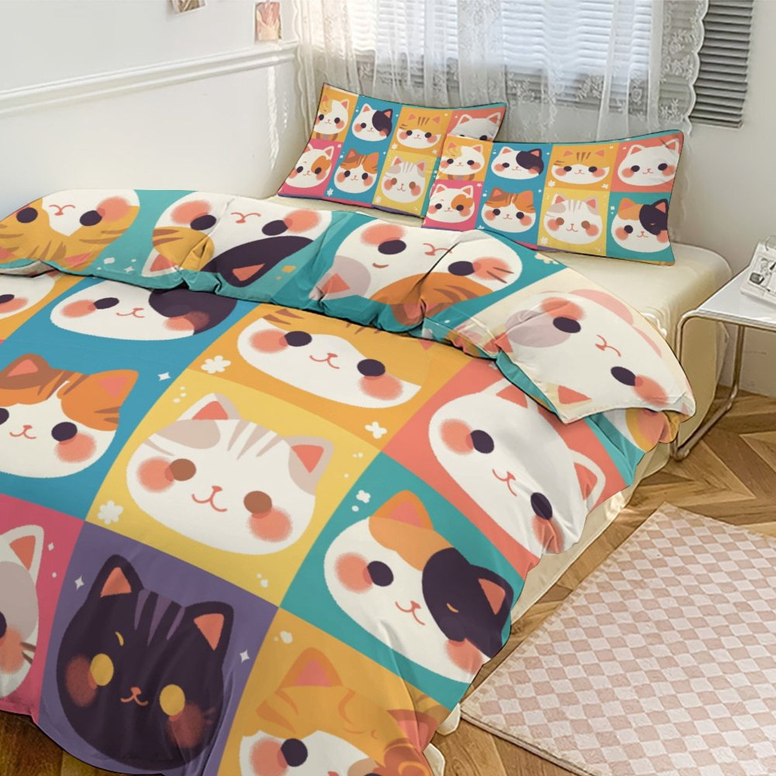 Cartoon Cute Kitten 102"x90"3 Pcs Soft Bedding Set Includes 1 Duvet ...