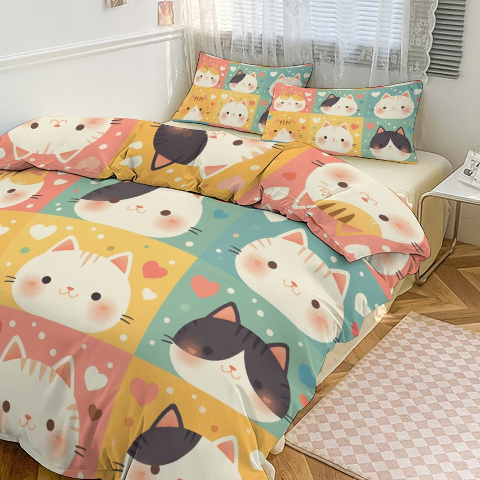 Cartoon Cute Kitten 90"x90" 3 Pcs Soft Bedding Set Includes 1 Duvet ...