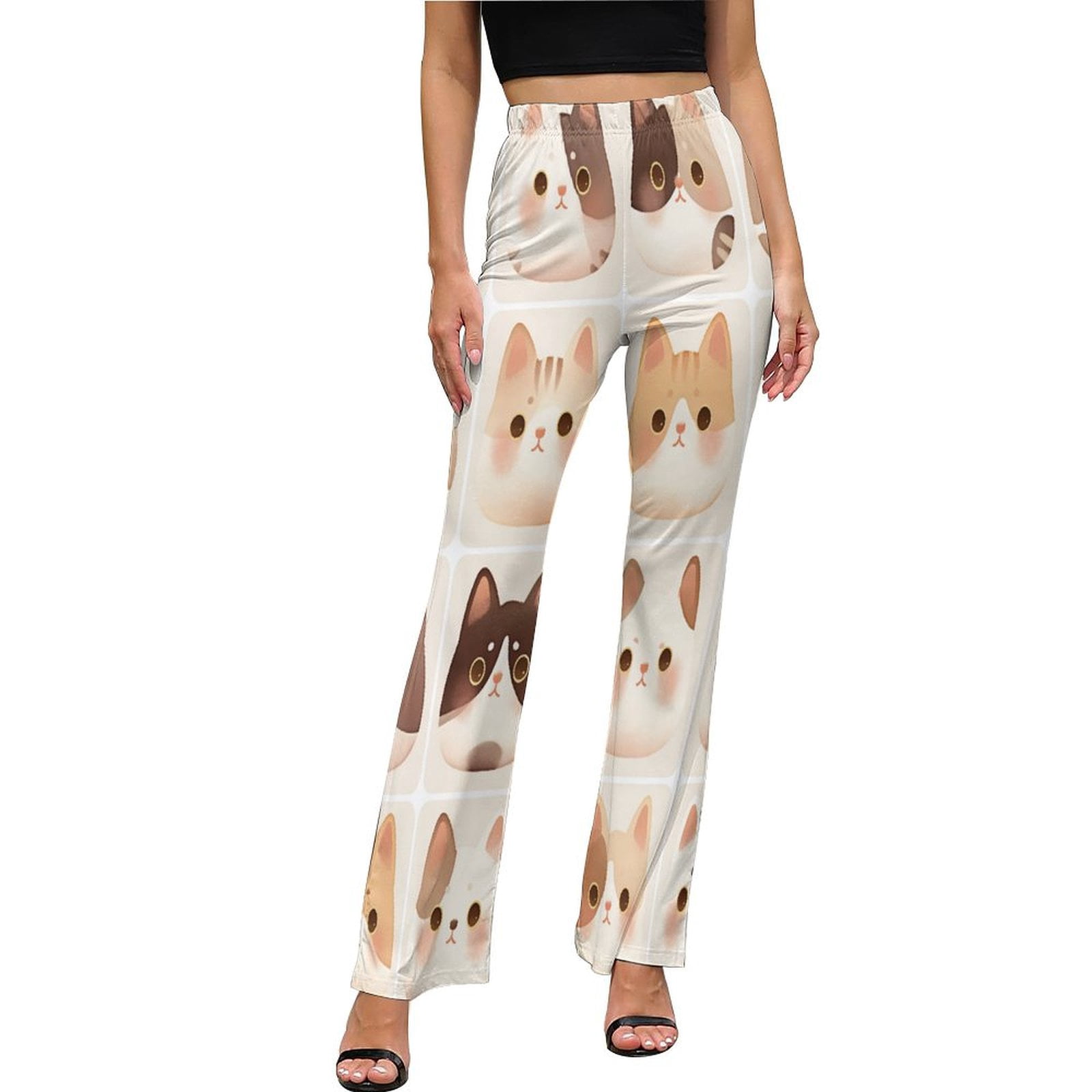 Cartoon Cute Kitten High Waisted Casual Flared Trousers Summer Home ...