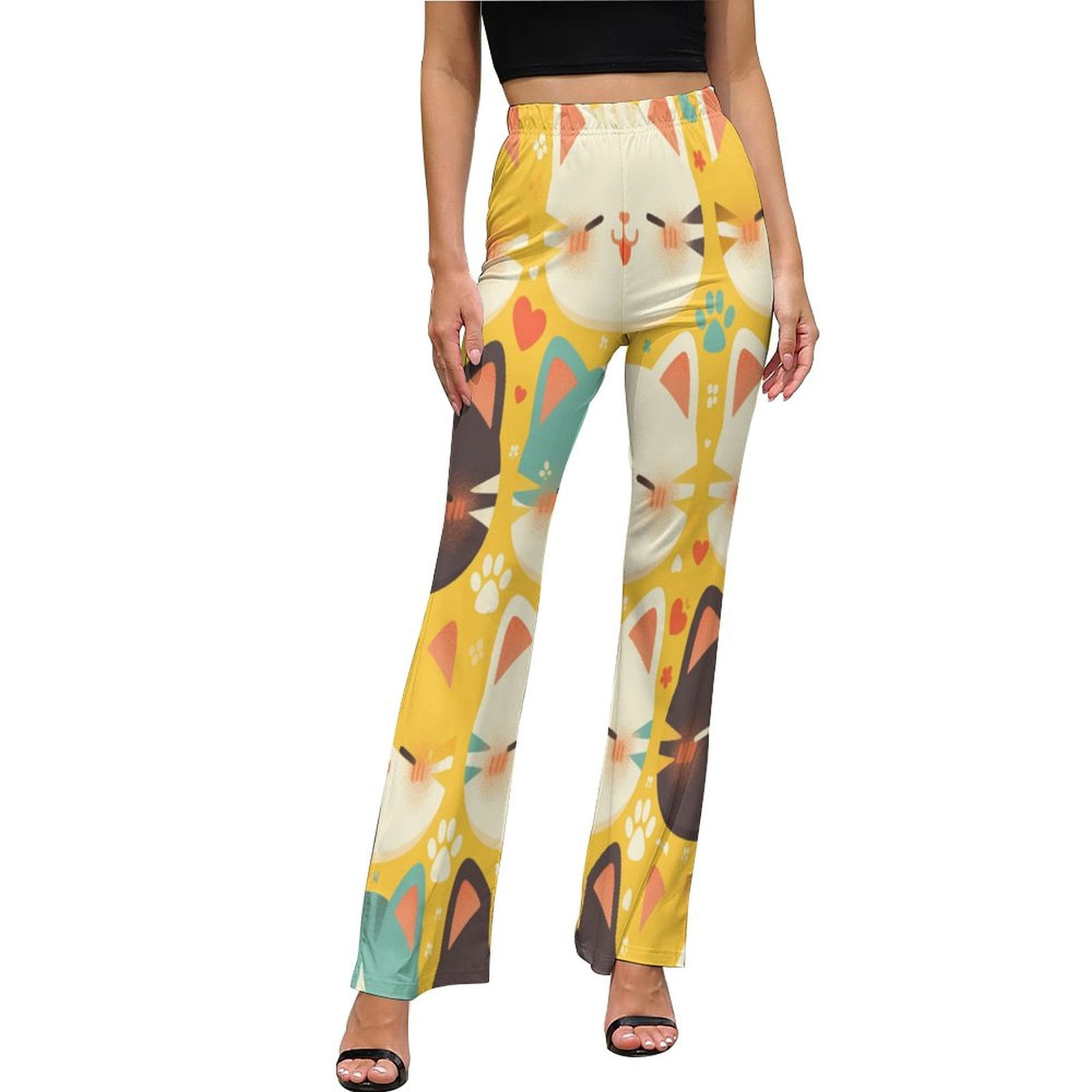 Cartoon Cute Kitten High Waisted Casual Flared Trousers Summer Home ...