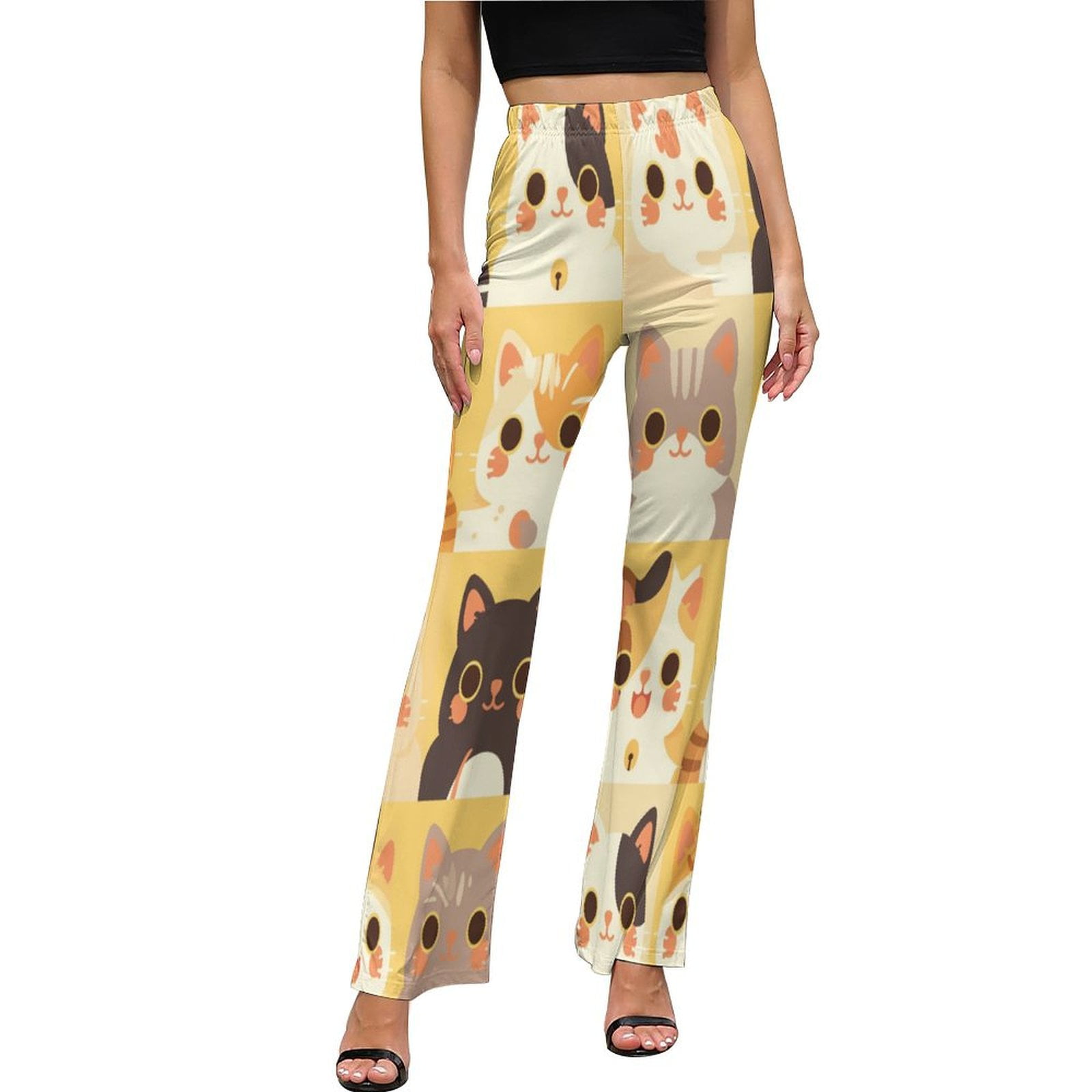 Cartoon Cute Kitten High Waisted Casual Flared Trousers Summer Home ...
