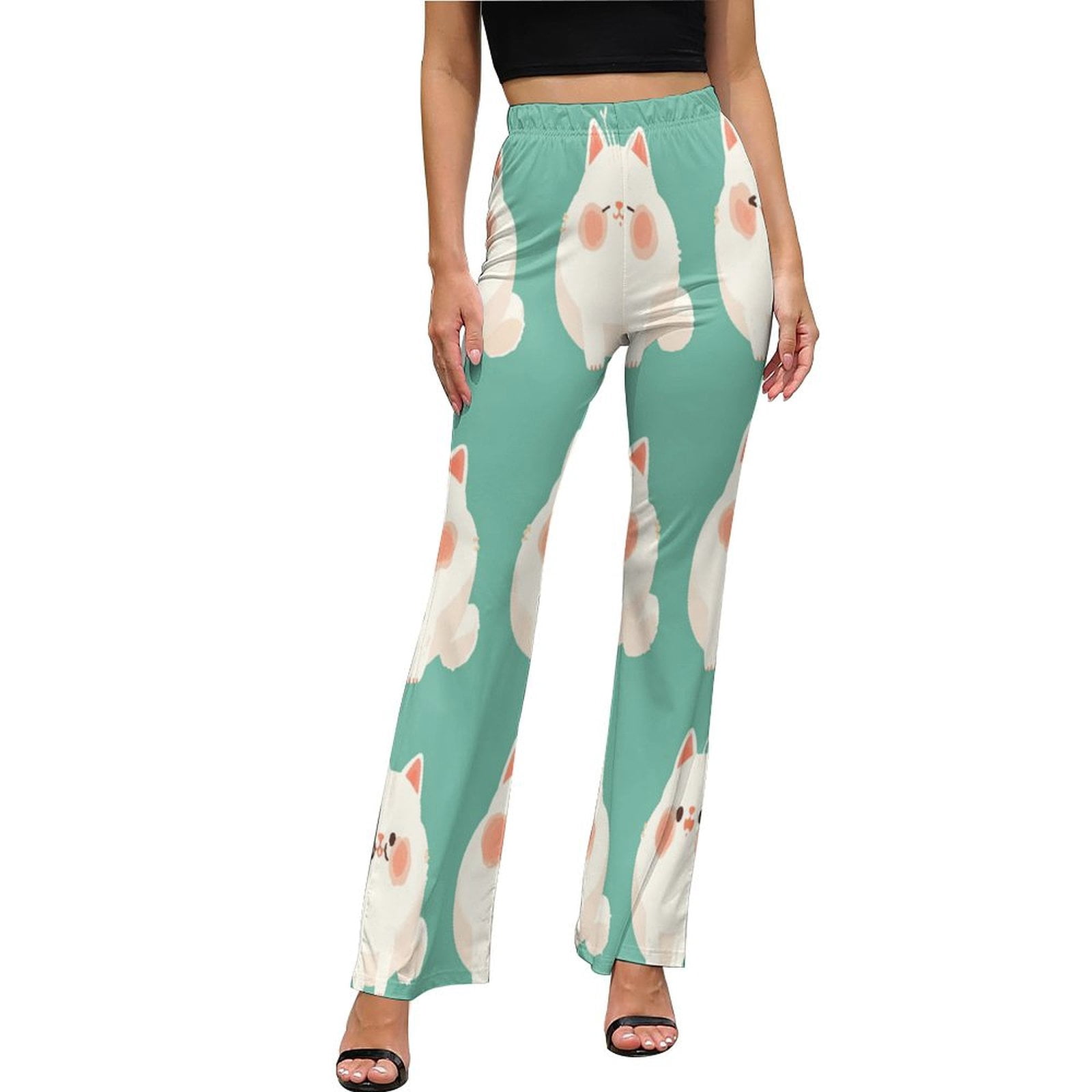 Cartoon Cute Kitten High Waisted Casual Flared Trousers Summer Home ...