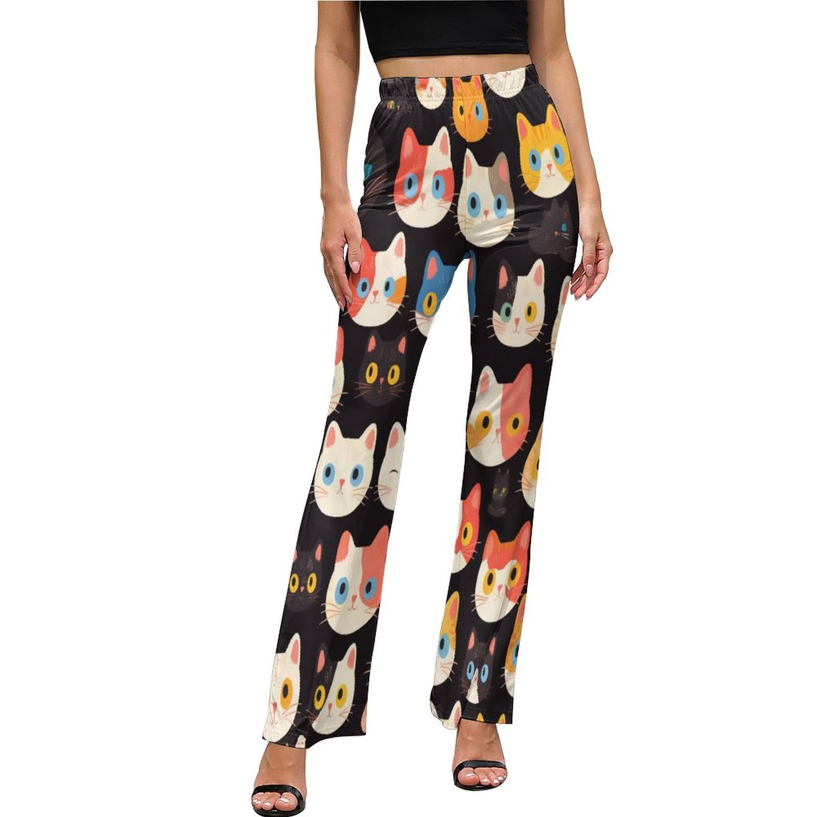 Cartoon Cute Kitten High Waisted Casual Flared Trousers Summer Home ...