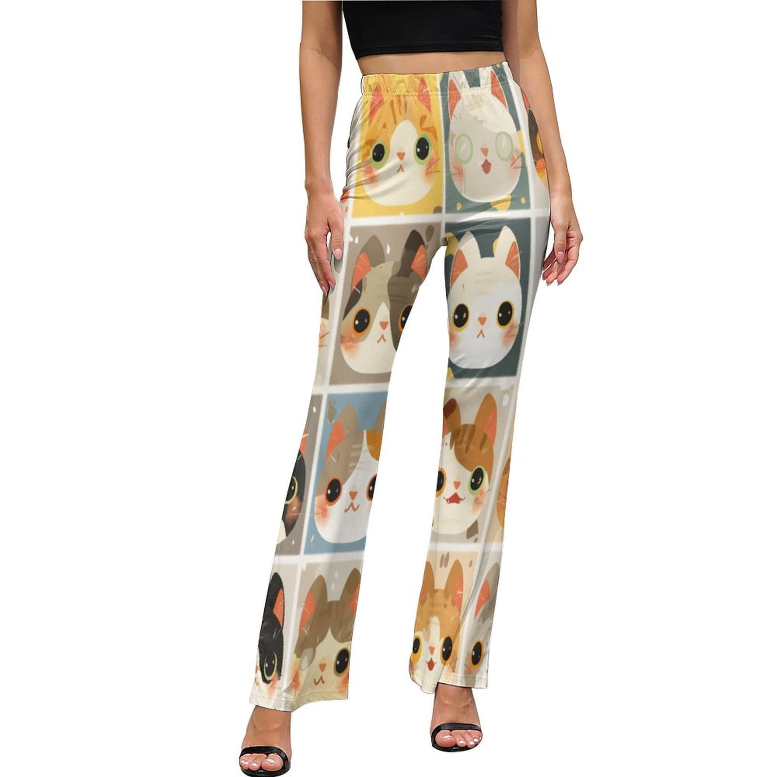 Cartoon Cute Kitten High Waisted Casual Flared Trousers Summer Home ...