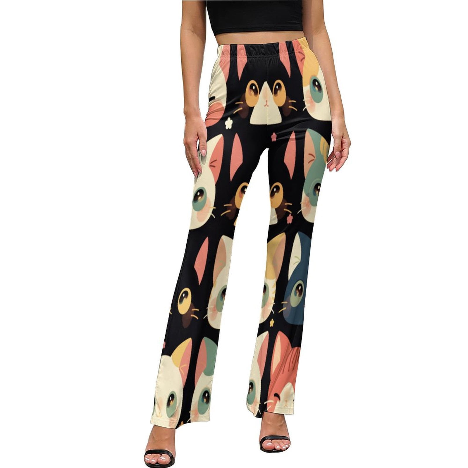 Cartoon Cute Kitten High Waisted Casual Flared Trousers Summer Home ...