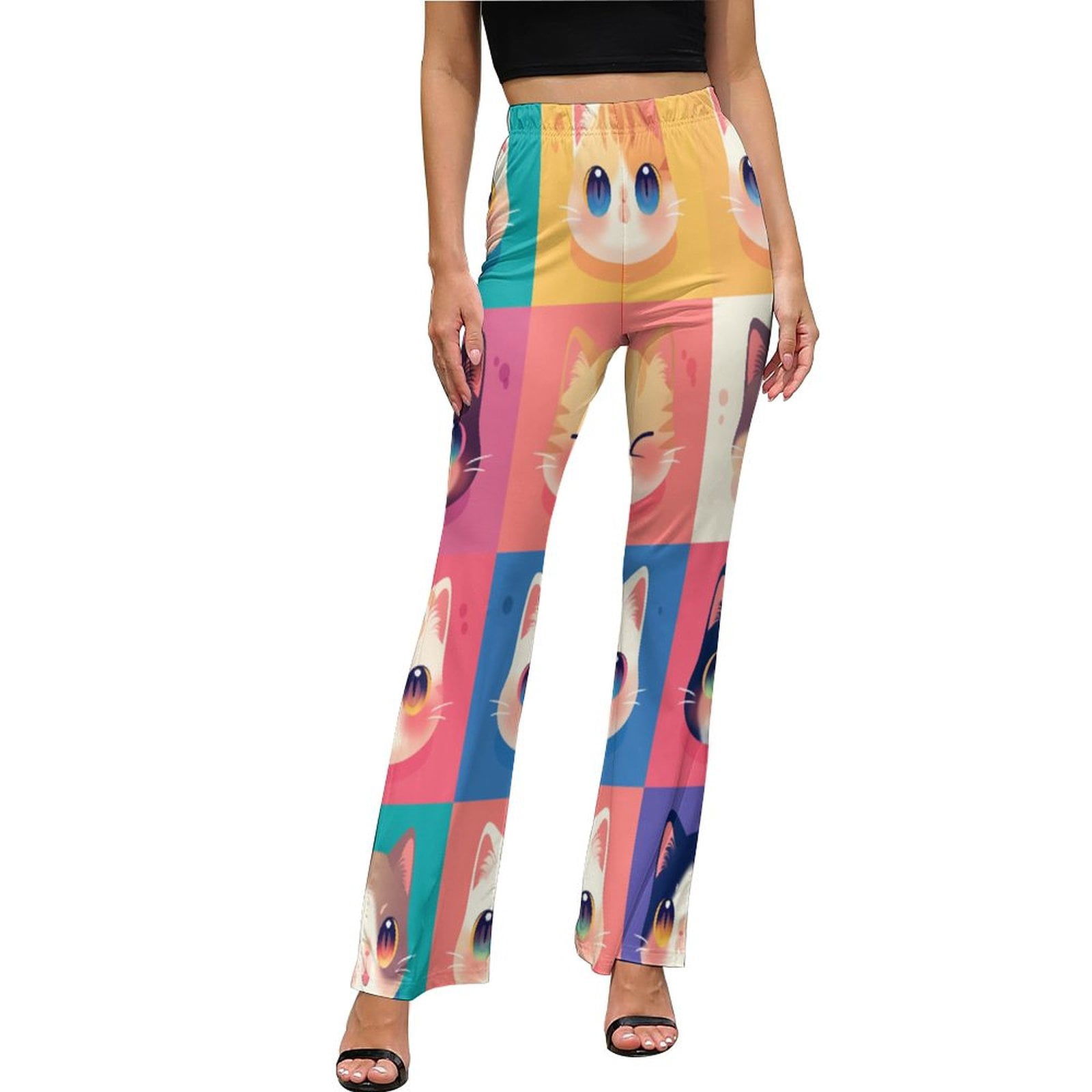Cartoon Cute Kitten High Waisted Casual Flared Trousers Summer Home ...