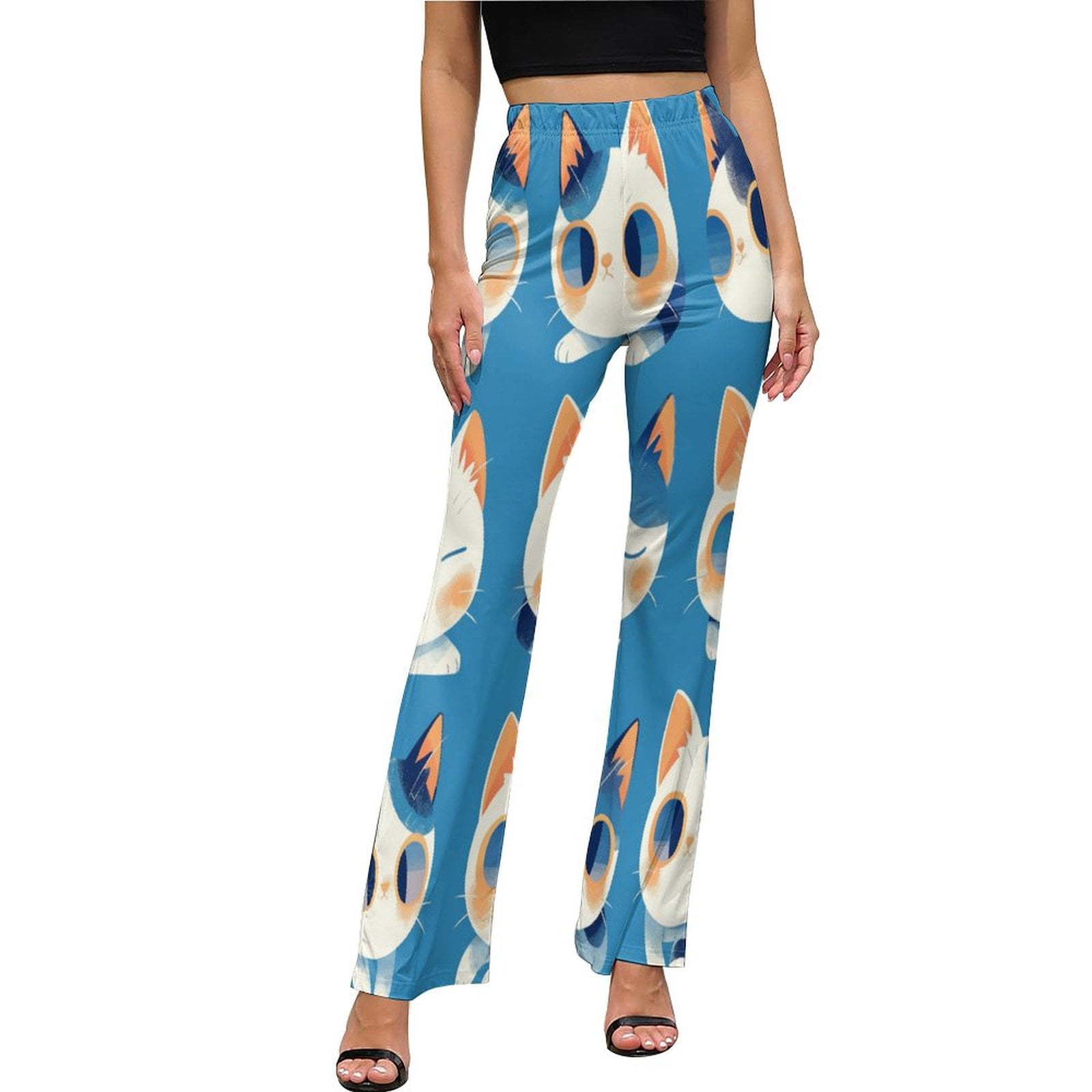 Cartoon Cute Kitten High Waisted Casual Flared Trousers Summer Home ...