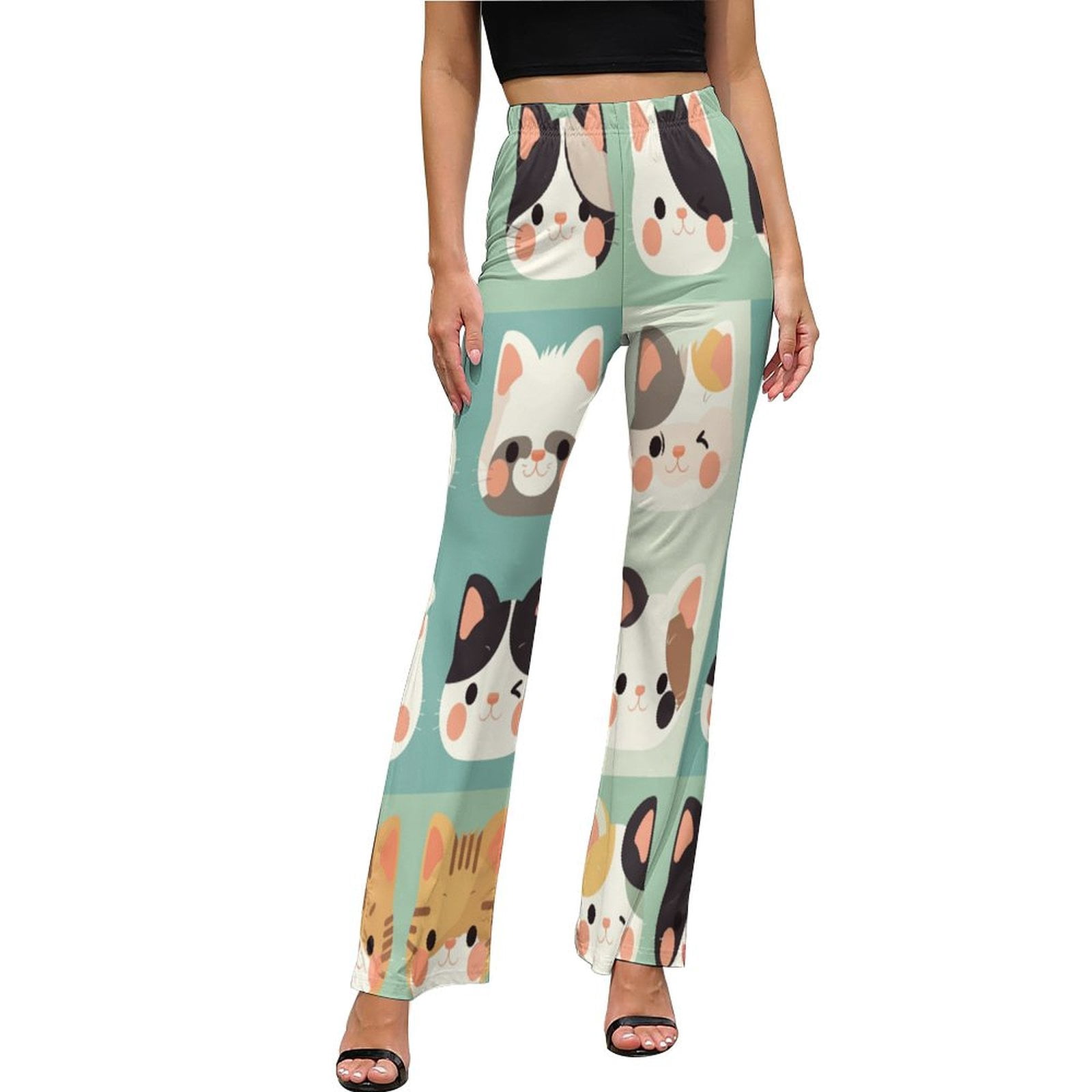 Cartoon Cute Kitten High Waisted Casual Flared Trousers Summer Home ...