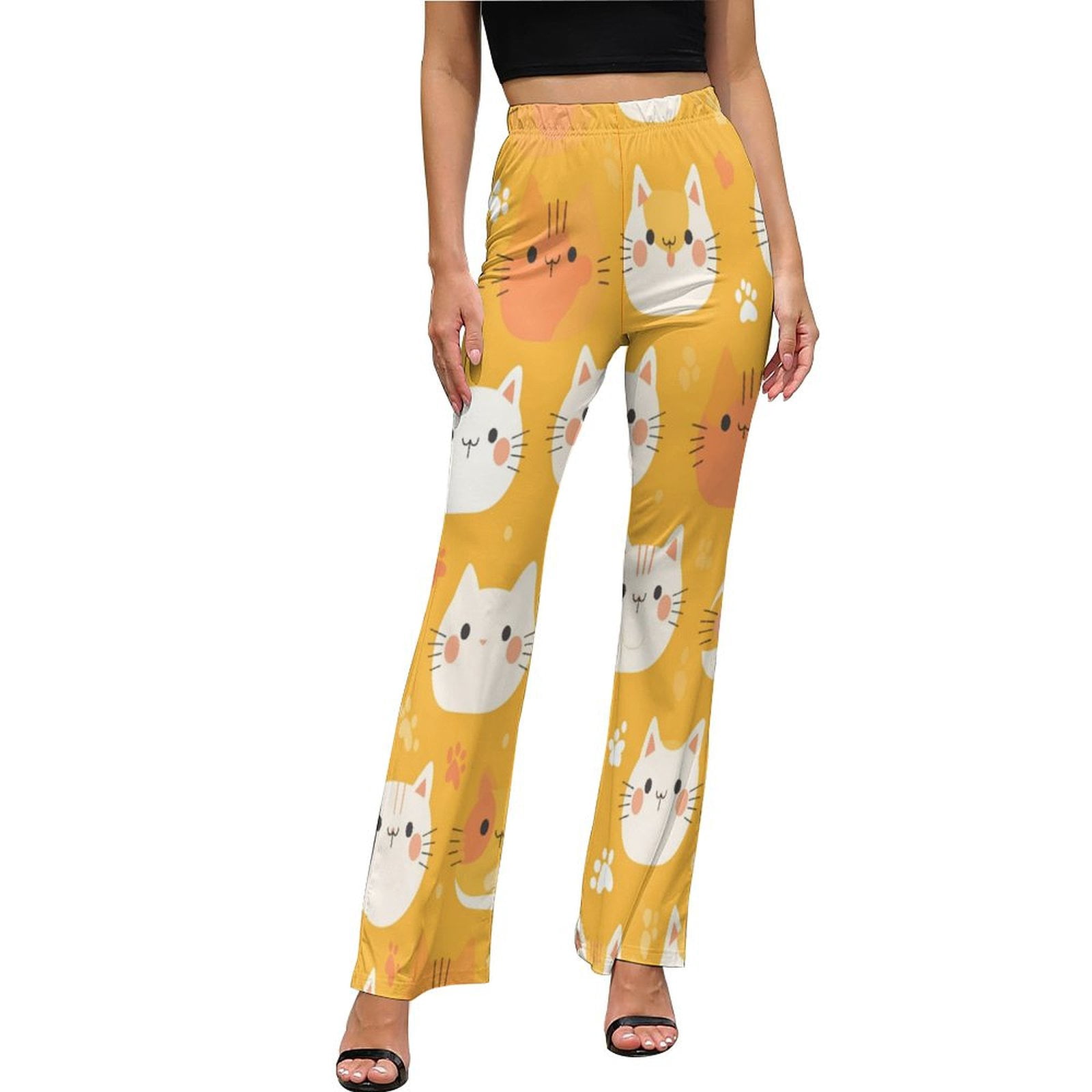Cartoon Cute Kitten High Waisted Casual Flared Trousers Summer Home ...