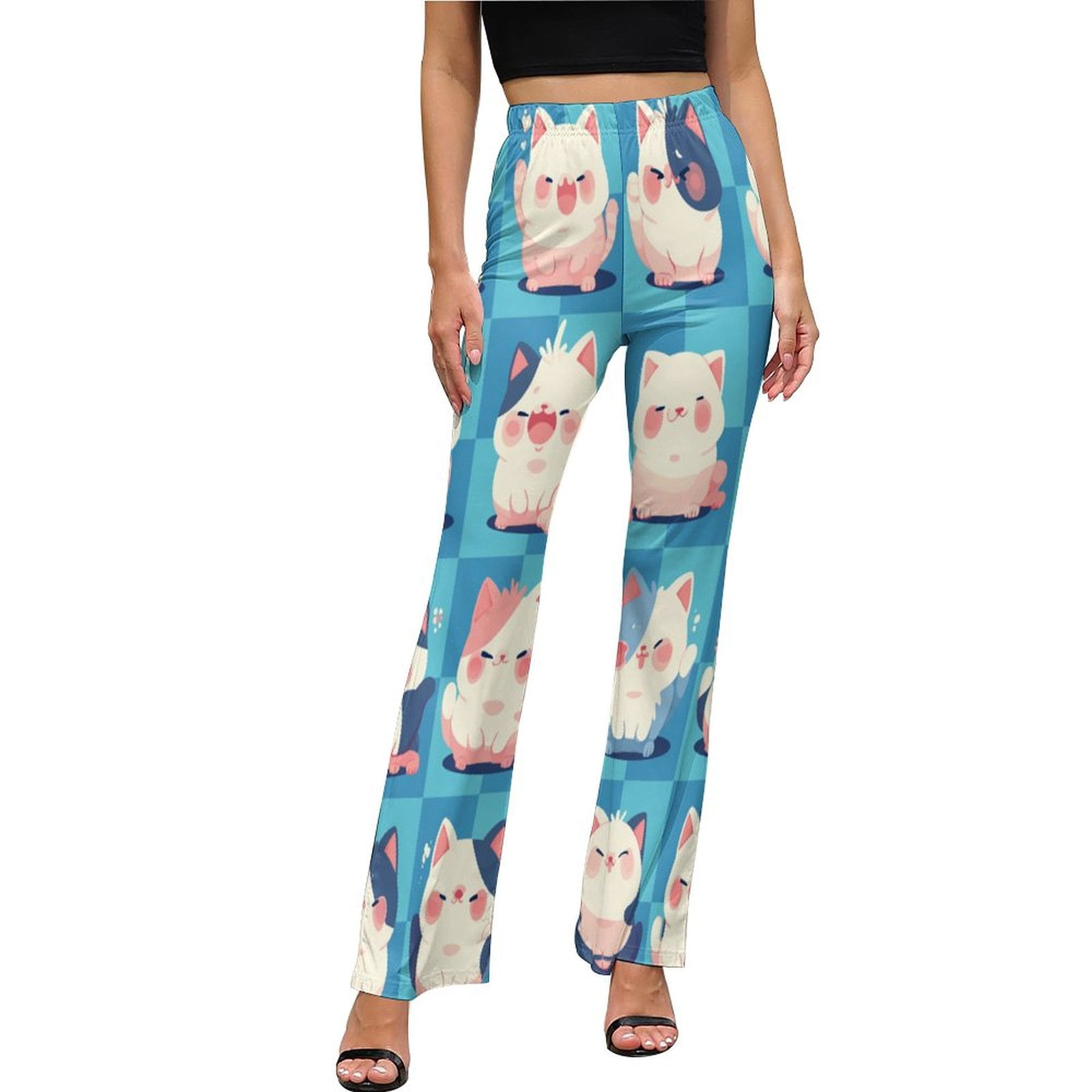 Cartoon Cute Kitten High Waisted Casual Flared Trousers Summer Home ...