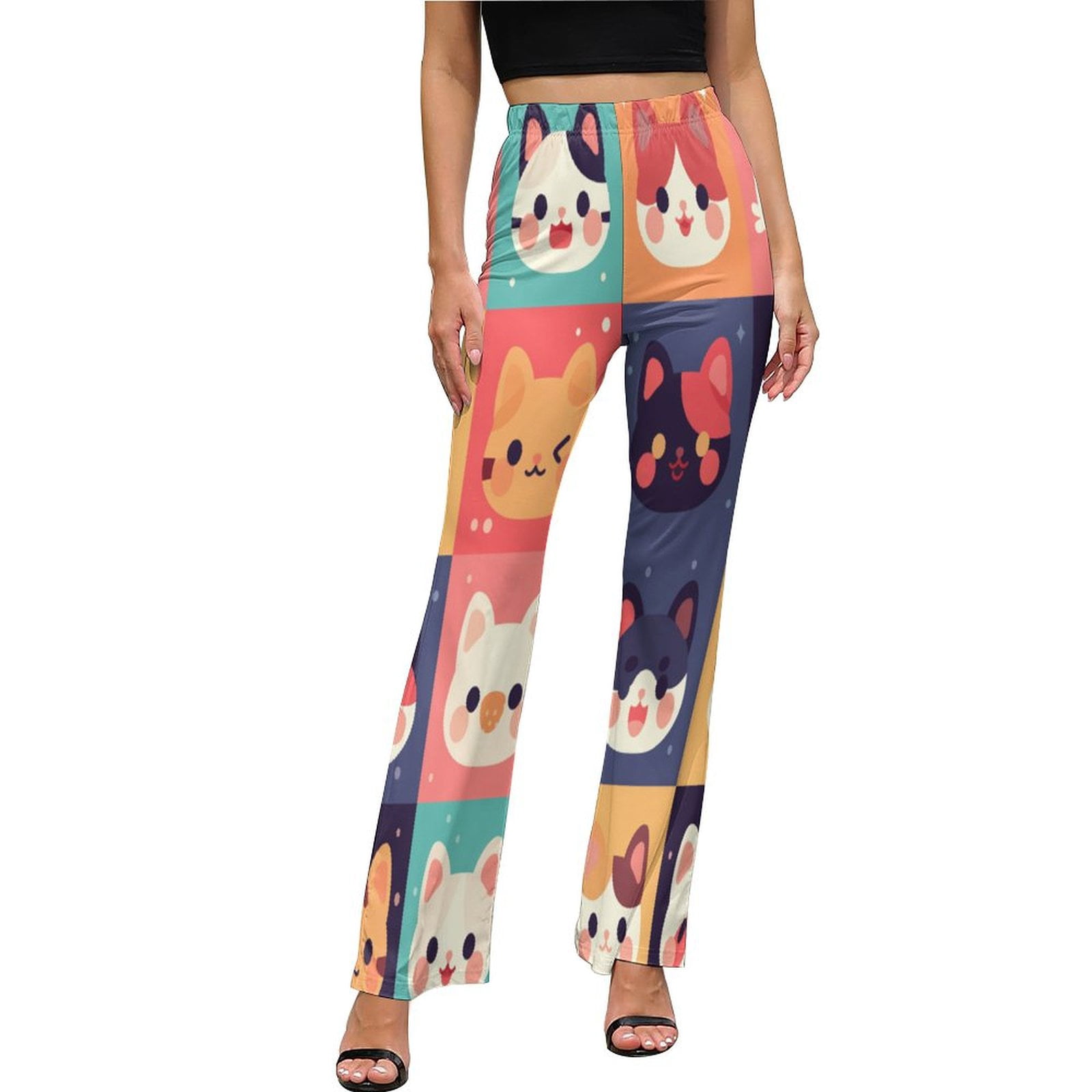 Cartoon Cute Kitten High Waisted Casual Flared Trousers Summer Home ...
