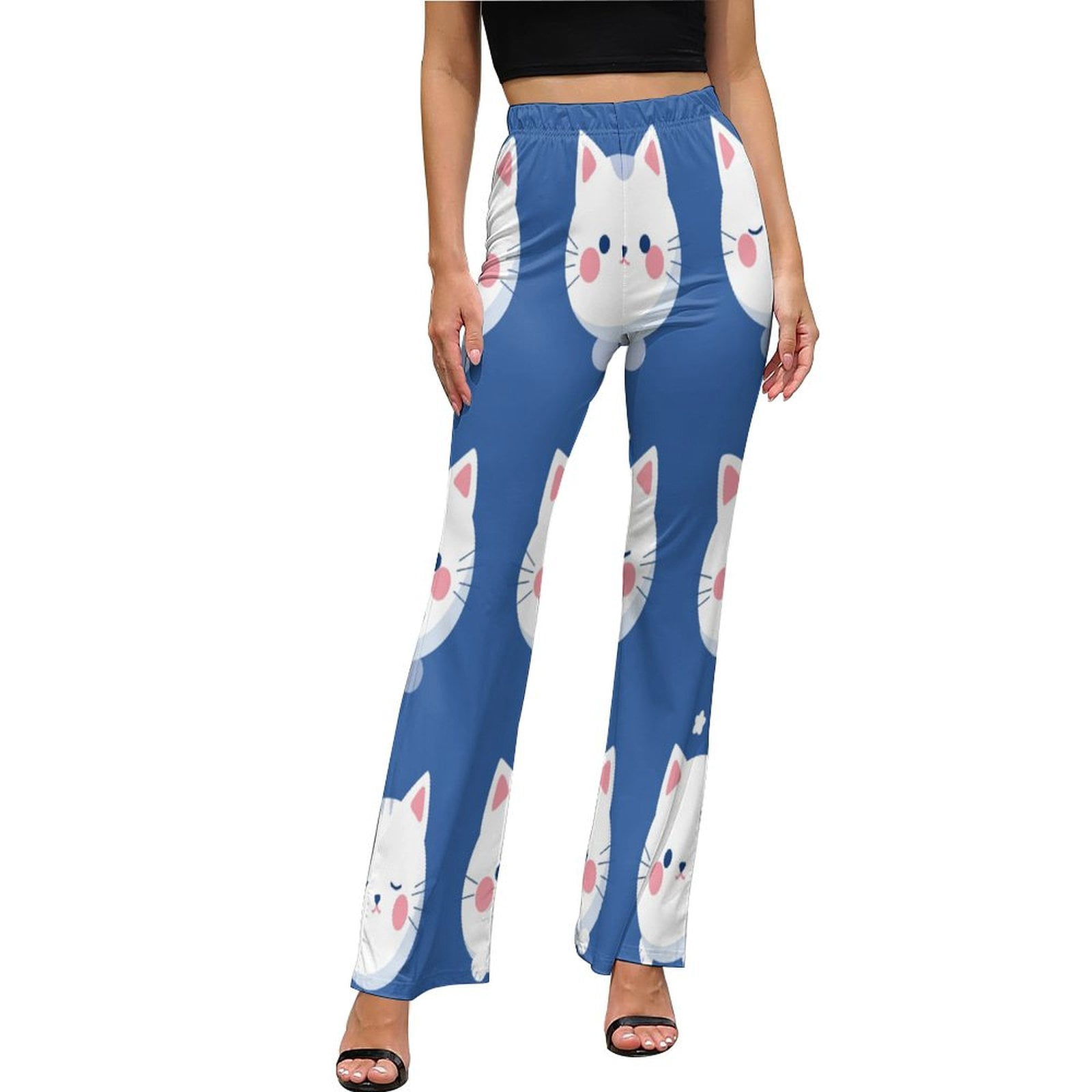 Cartoon Cute Kitten High Waisted Casual Flared Trousers Summer Home ...