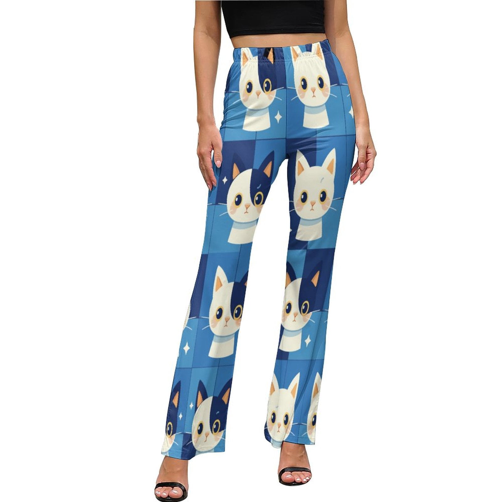 Cartoon Cute Kitten High Waisted Casual Flared Trousers Summer Home ...