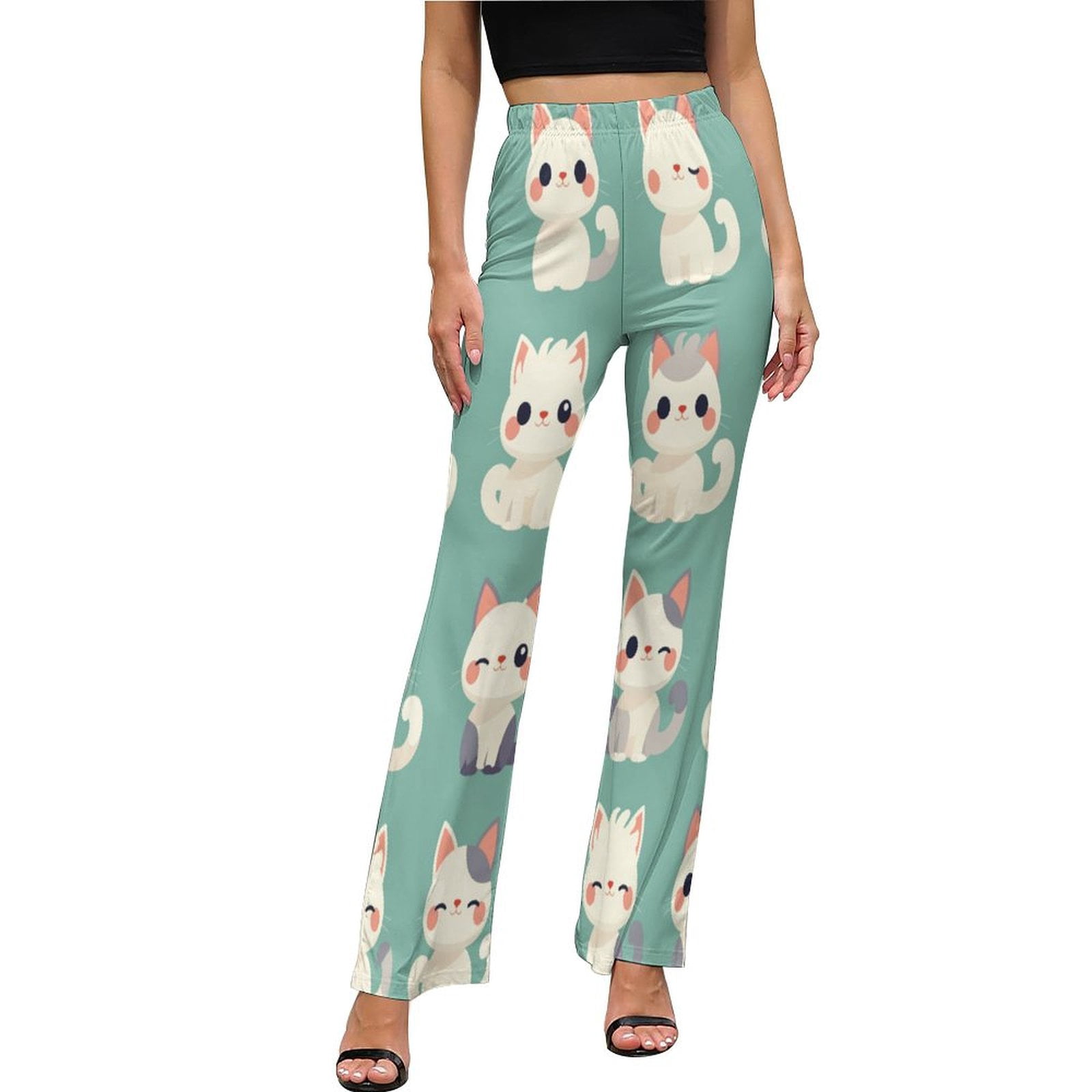 Cartoon Cute Kitten High Waisted Casual Flared Trousers Summer Home ...