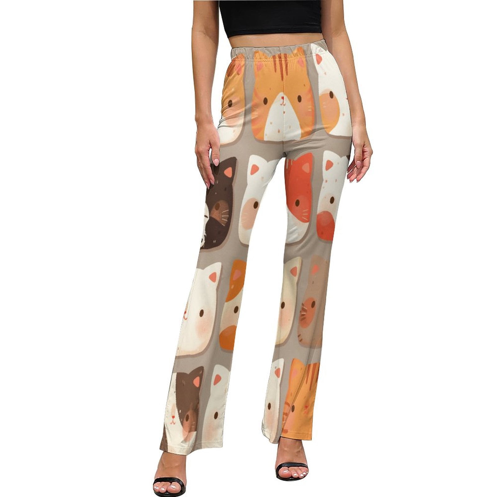 Cartoon Cute Kitten High Waisted Casual Flared Trousers Summer Home ...
