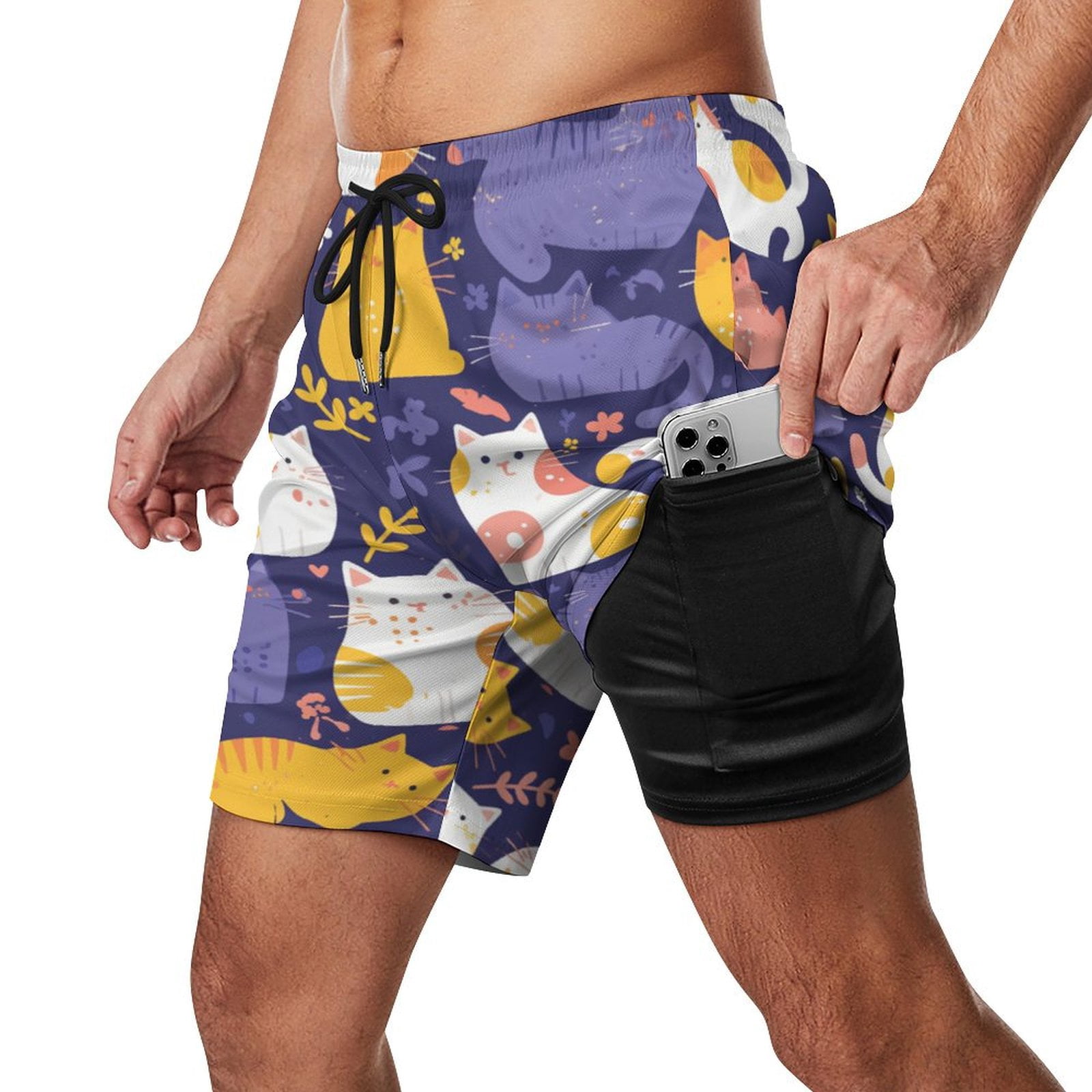 Cartoon Cute Kitten Quick Dry Swimming Shorts For Men Swimwear Swimsuit ...