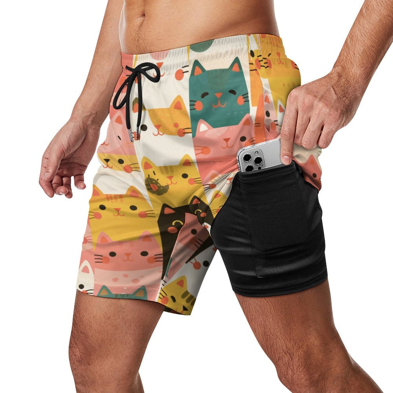 Cartoon Cute Kitten Quick Dry Swimming Shorts For Men Swimwear Swimsuit ...