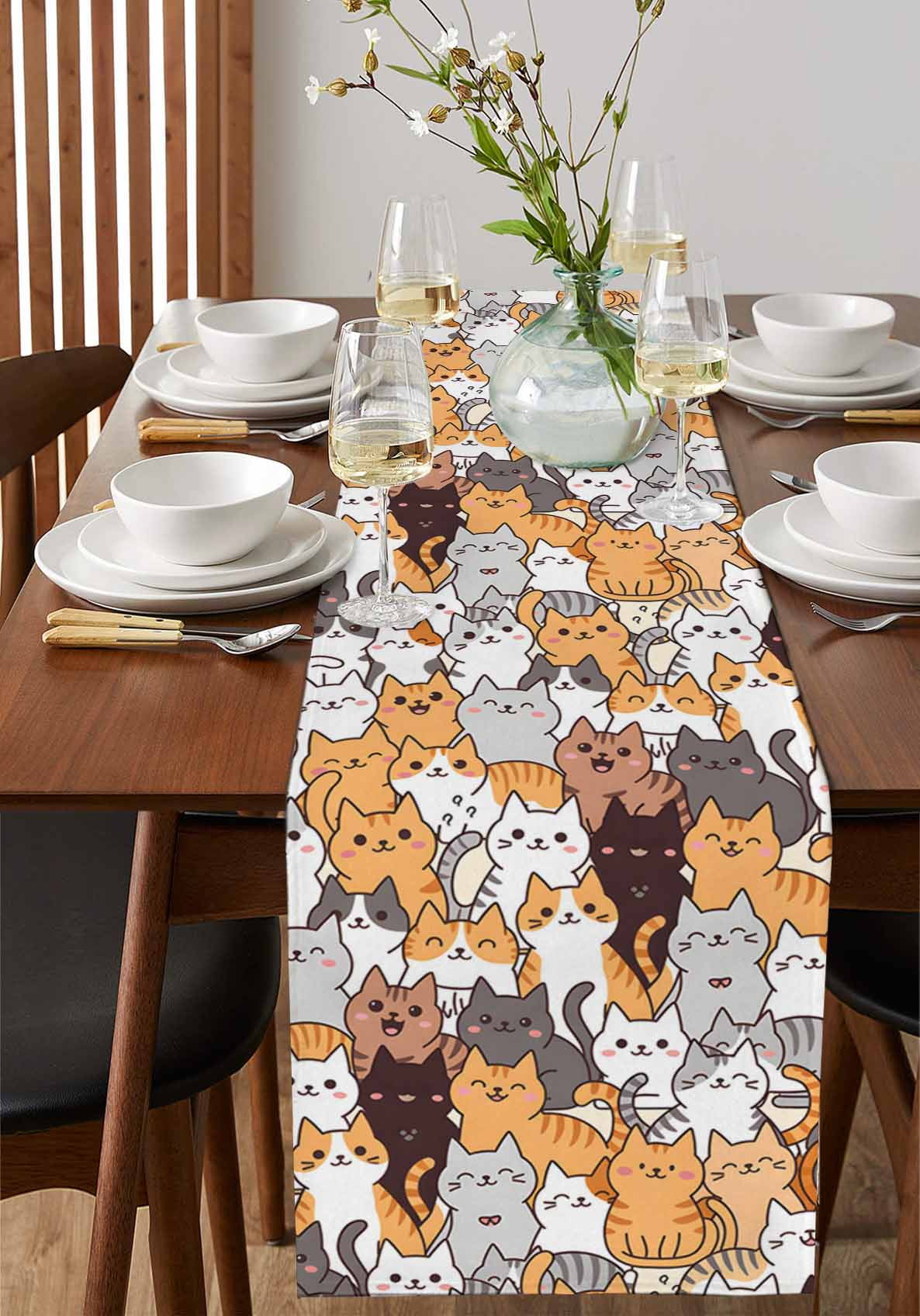 Cartoon Cute Kitty Table Runner 13x72in Non-Slip Cotton Linen Table ...