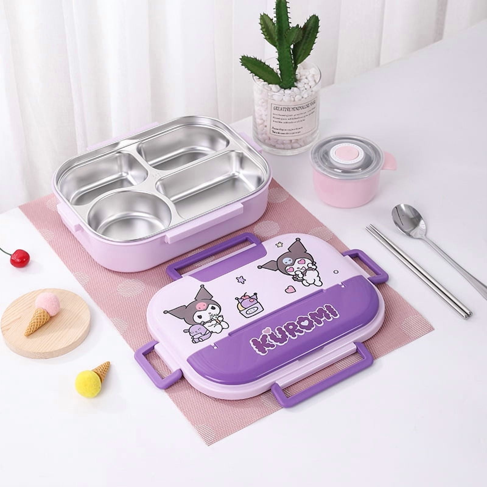 Cartoon Cute Kuromi Printed All-in-One Bento Boxes with Soup Bowl Spoon ...
