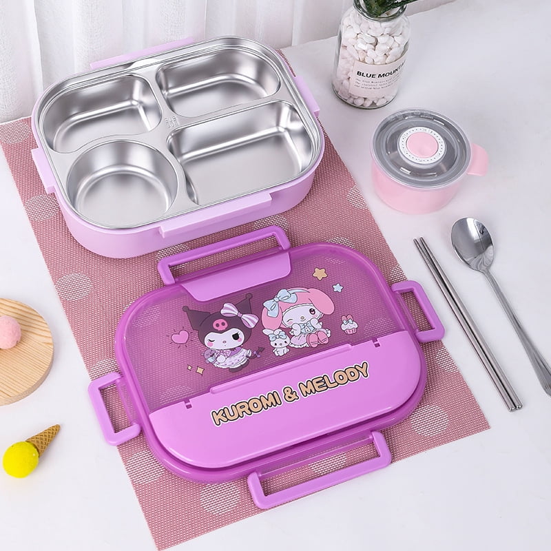 Cartoon Cute Kuromi Printed All-in-One Bento Boxes with Soup Bowl Spoon ...