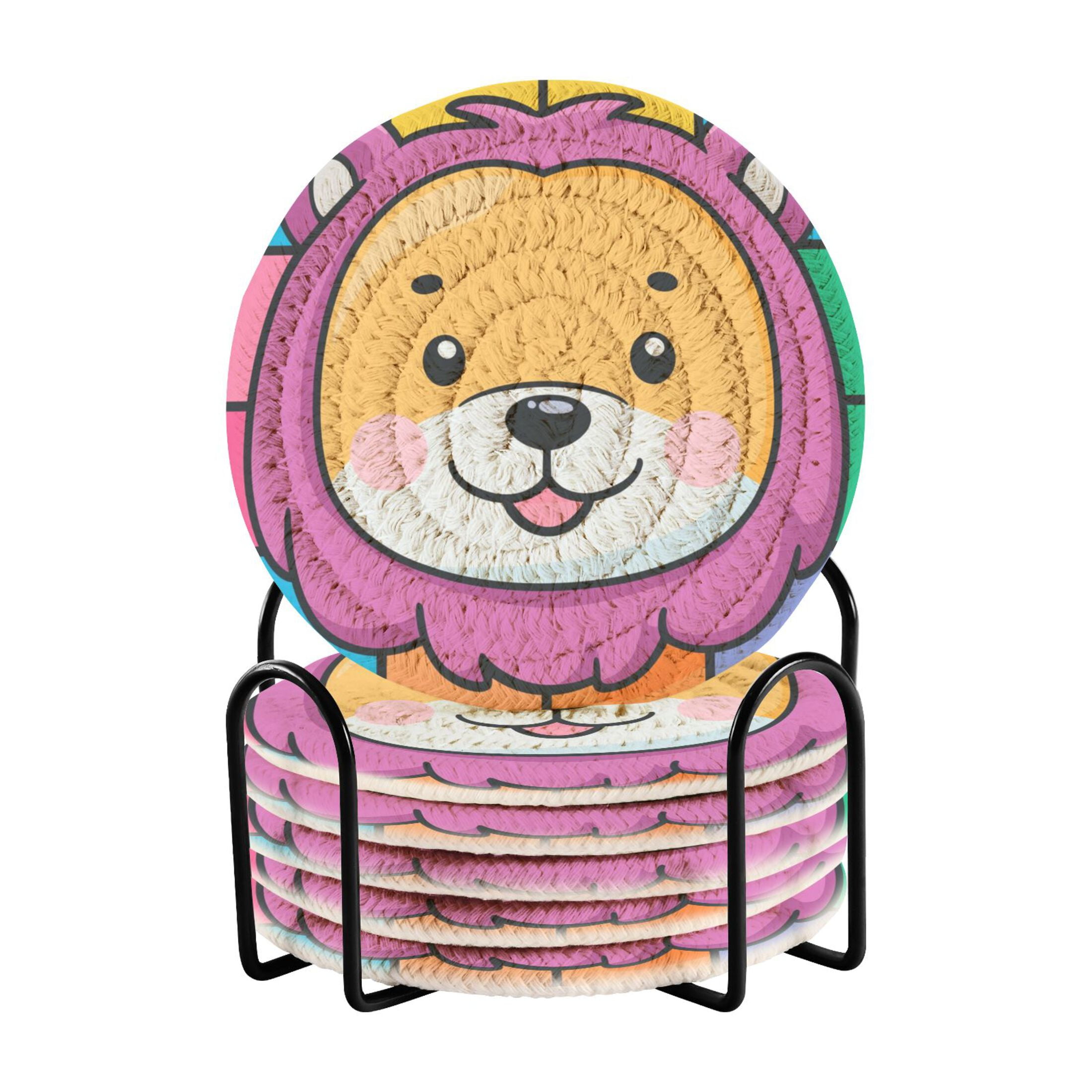 Cartoon Cute Lion Drink Coasters with Holder Absorbent Coaster for ...