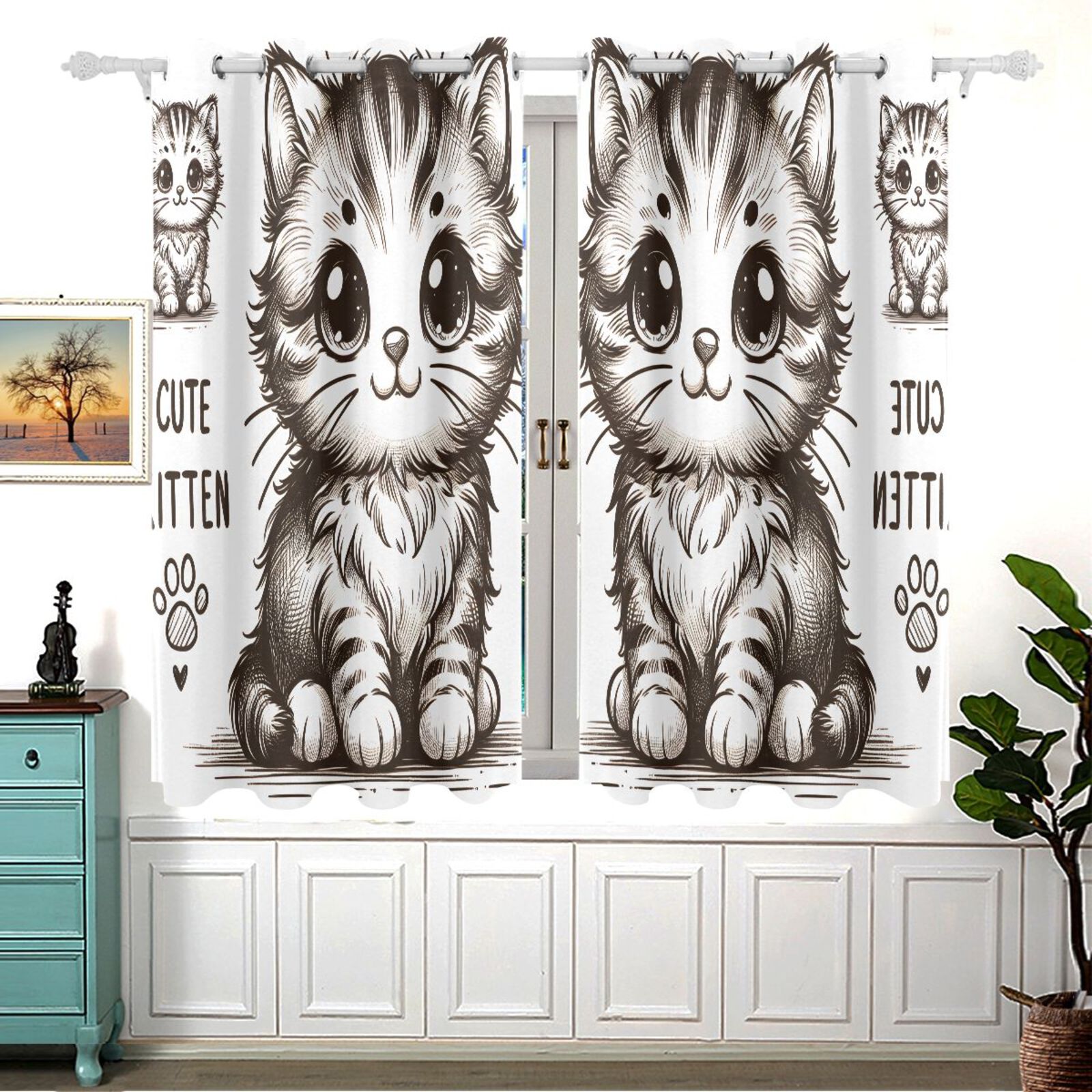 Cartoon Cute Little Cat Curtain Black Out Thermal Insulation Curtains ...