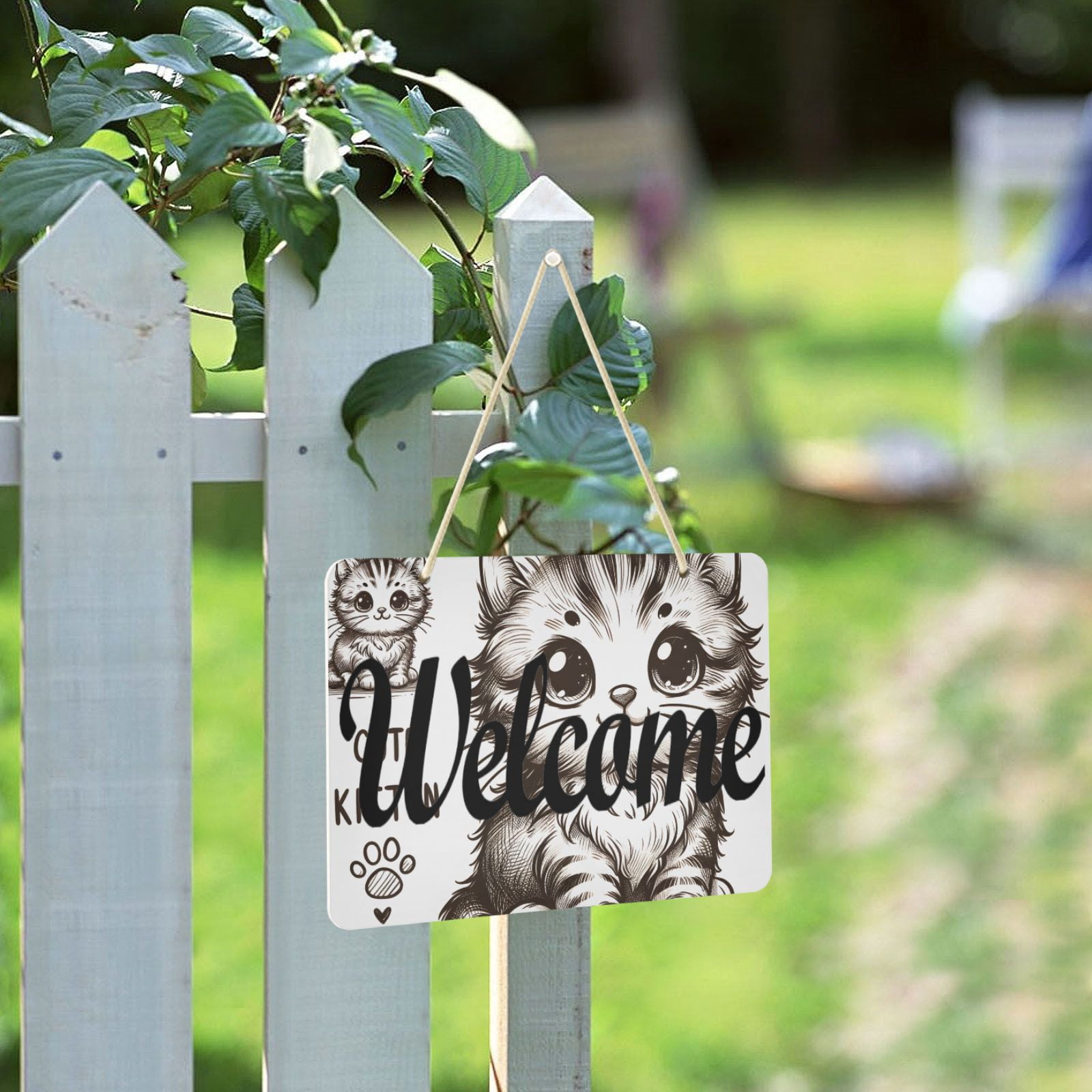 Cartoon Cute Little Cat Welcome Sign for Front Door Porch Wreath Door ...