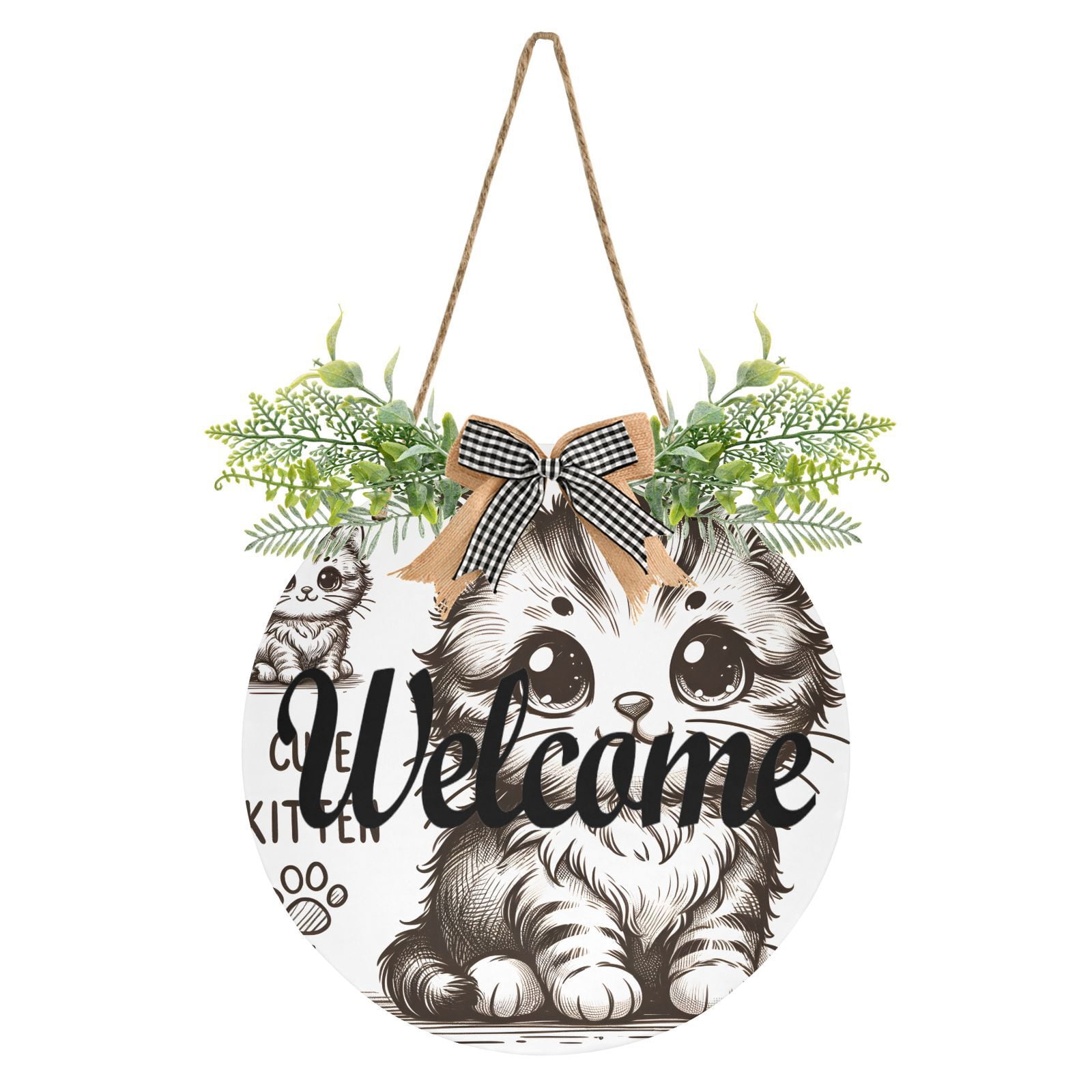 Cartoon Cute Little Cat Welcome Sign for Front Door Wreath Door Sign ...