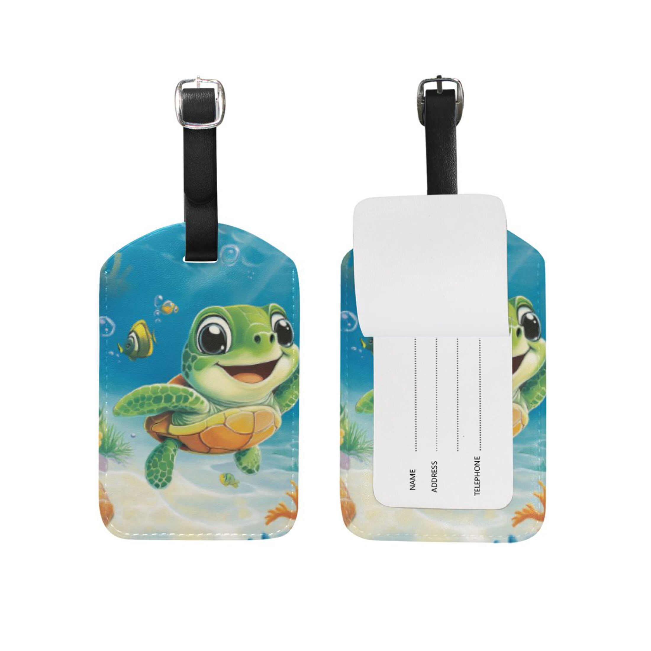 Cartoon Cute Little Green Turtle Luggage Tags PU Leather Name ID Labels ...