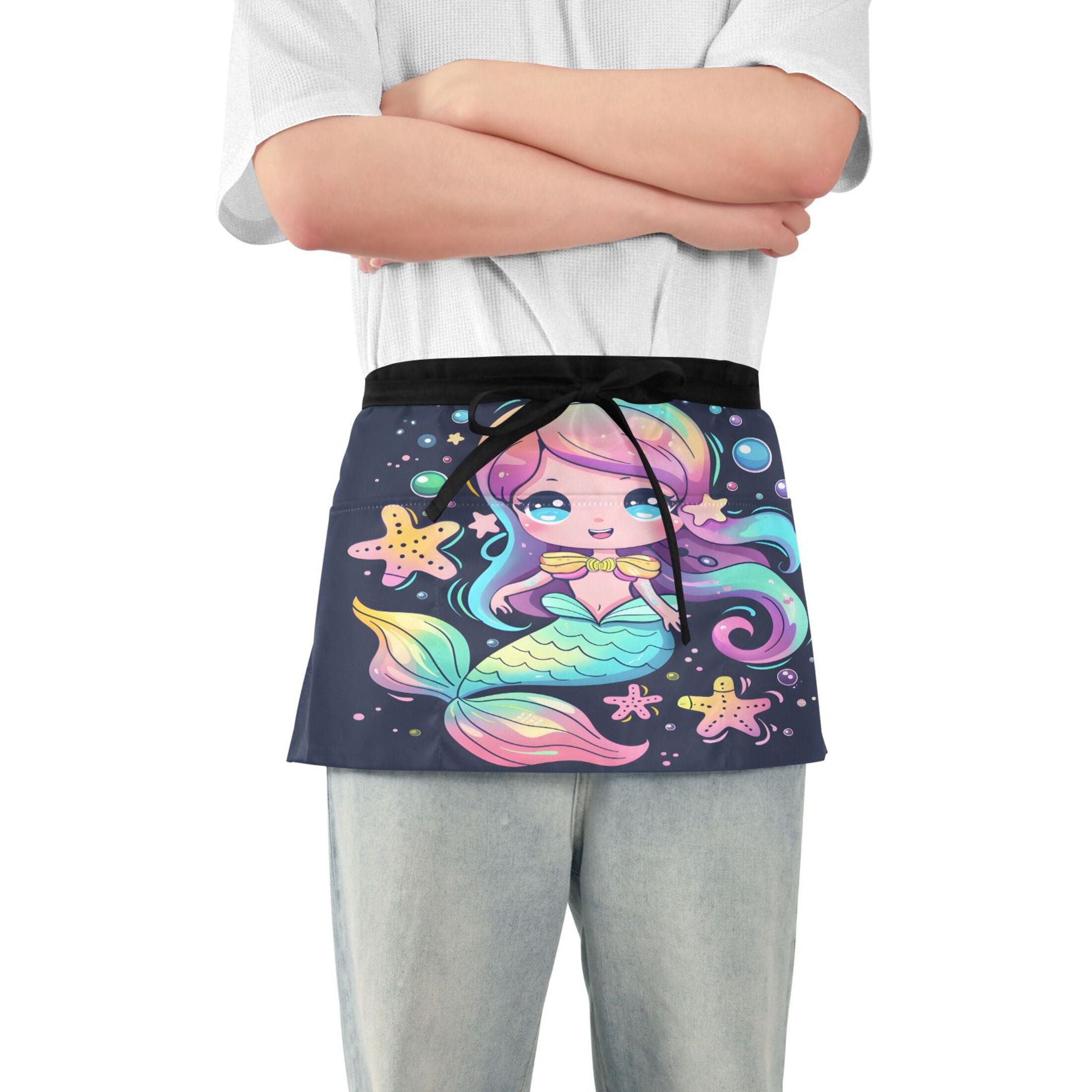 Cartoon Cute Mermaid Server Apron with 3 Pockets Waterproof Waitress ...