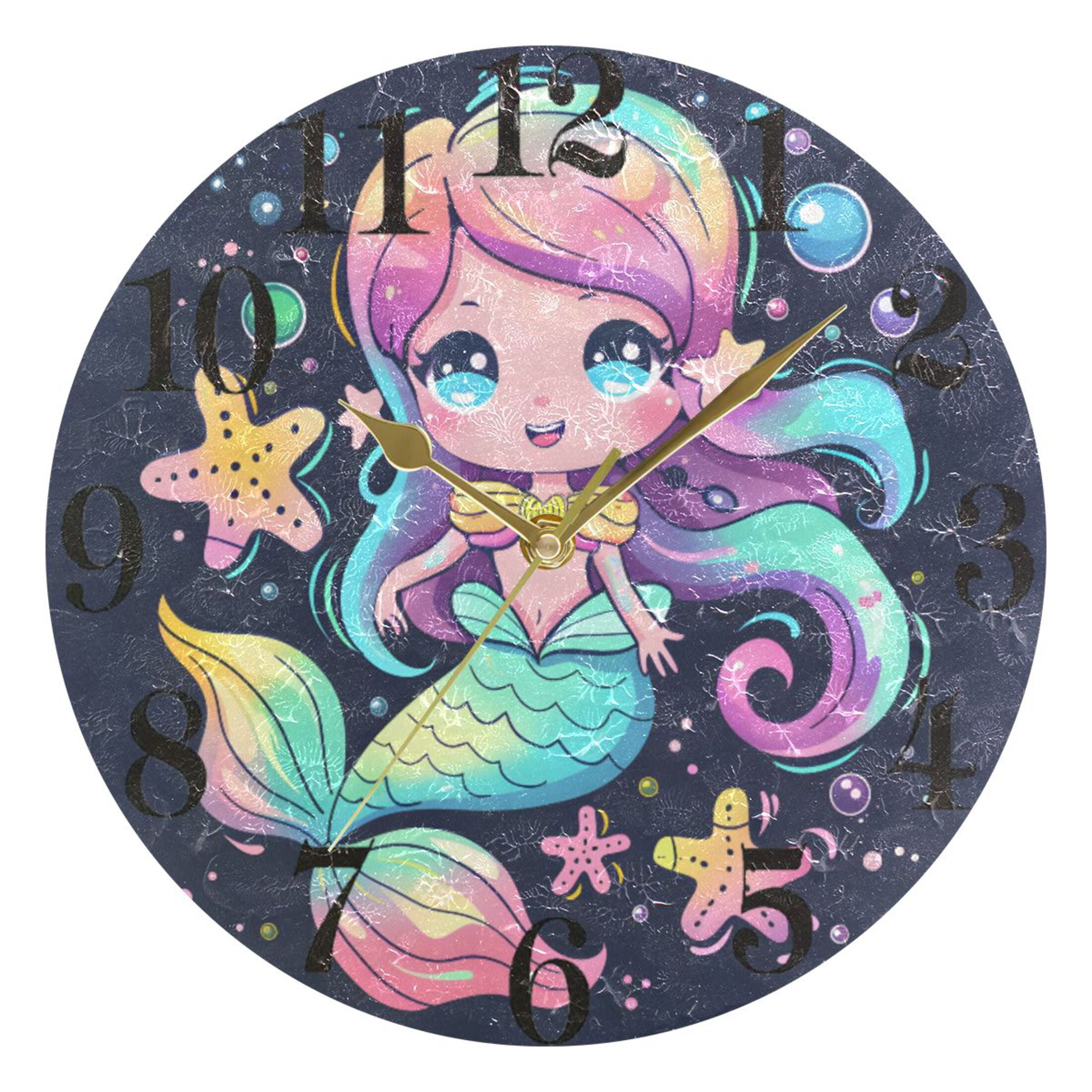 Cartoon Cute Mermaid Wall Clock 9.8 inch Battery Operated Clocks Non ...