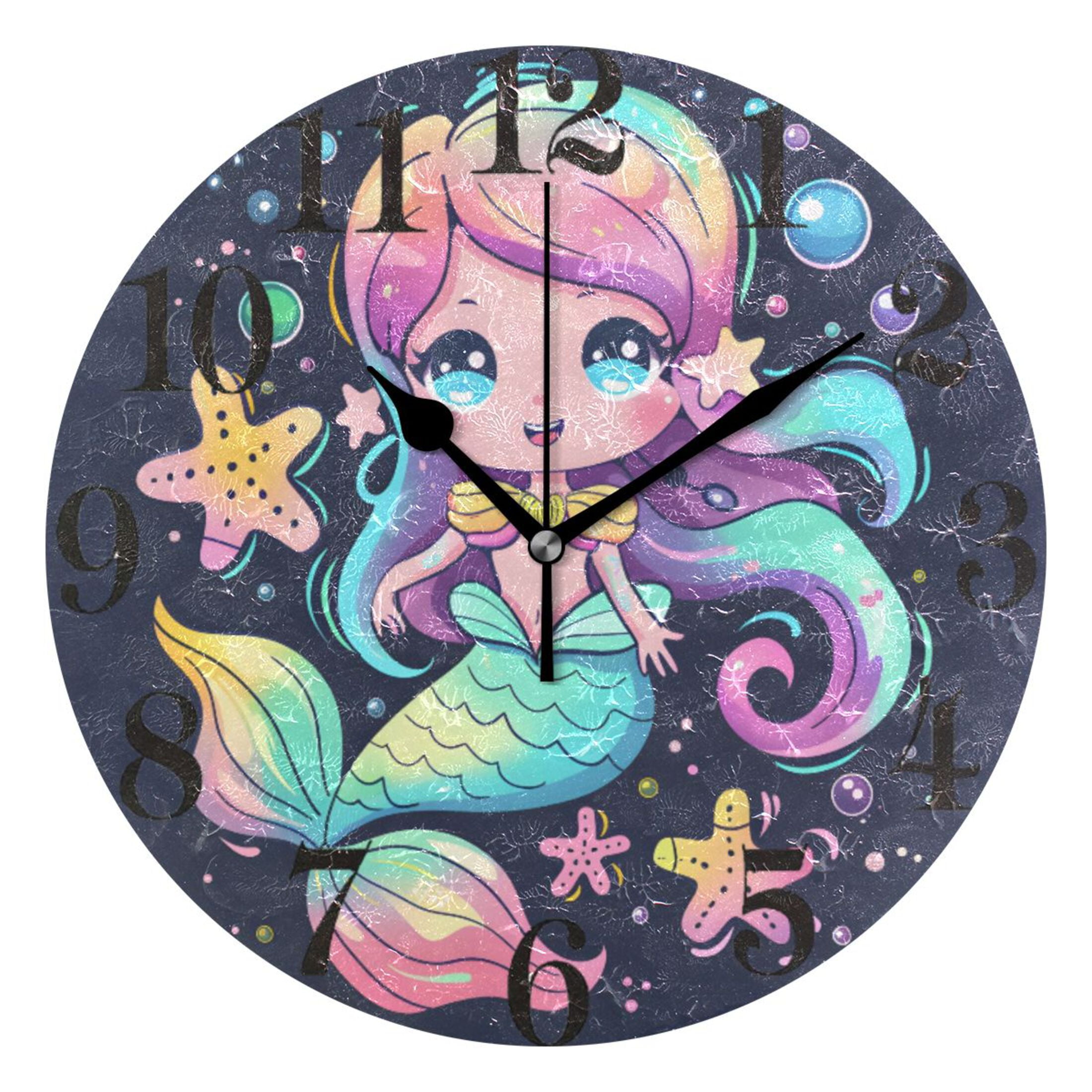 Cartoon Cute Mermaid Wall Clock 9.8 inch Battery Operated Clocks Non ...