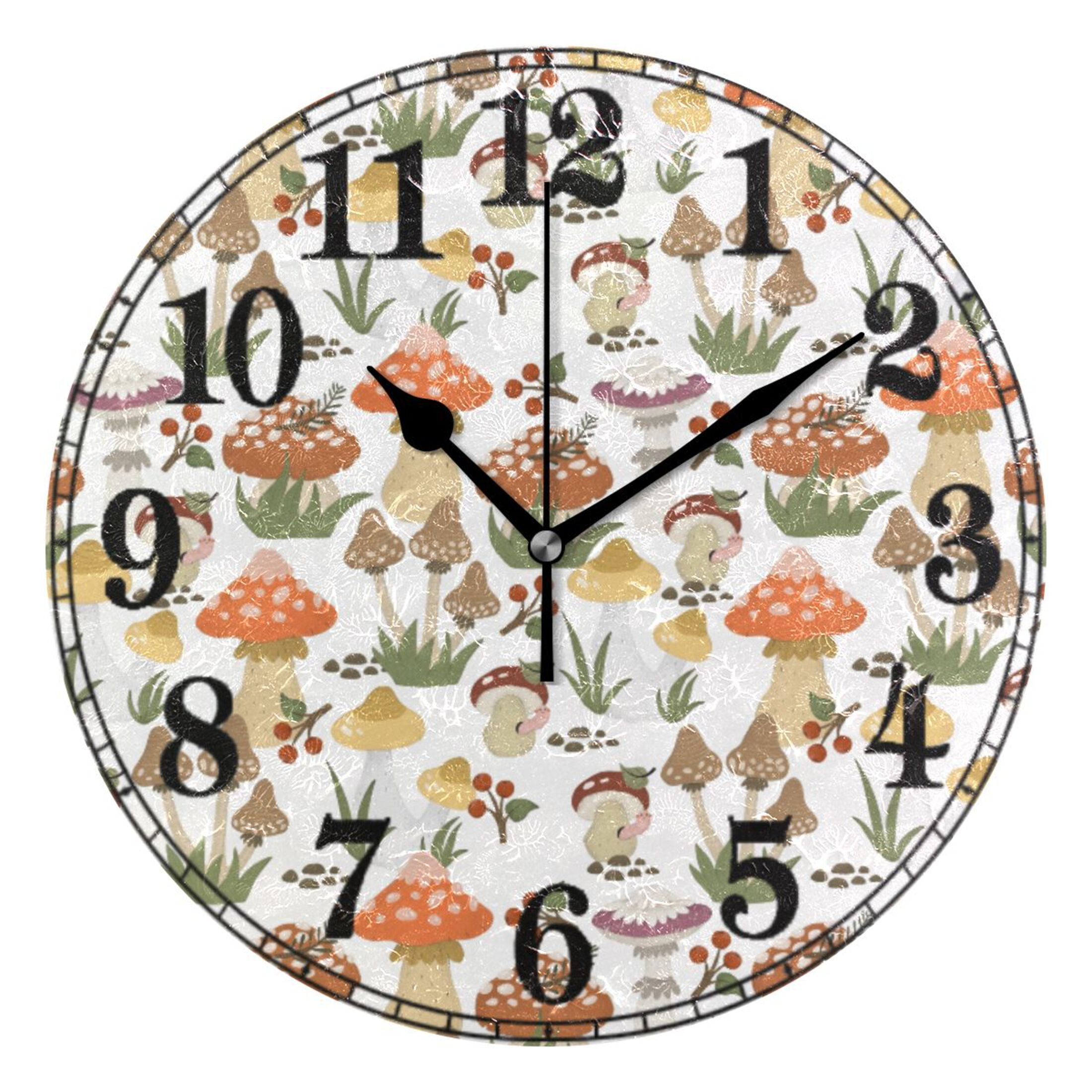 Cartoon Cute Mushrooms 10" Silent Wall Clock Non-Ticking Battery Clocks ...