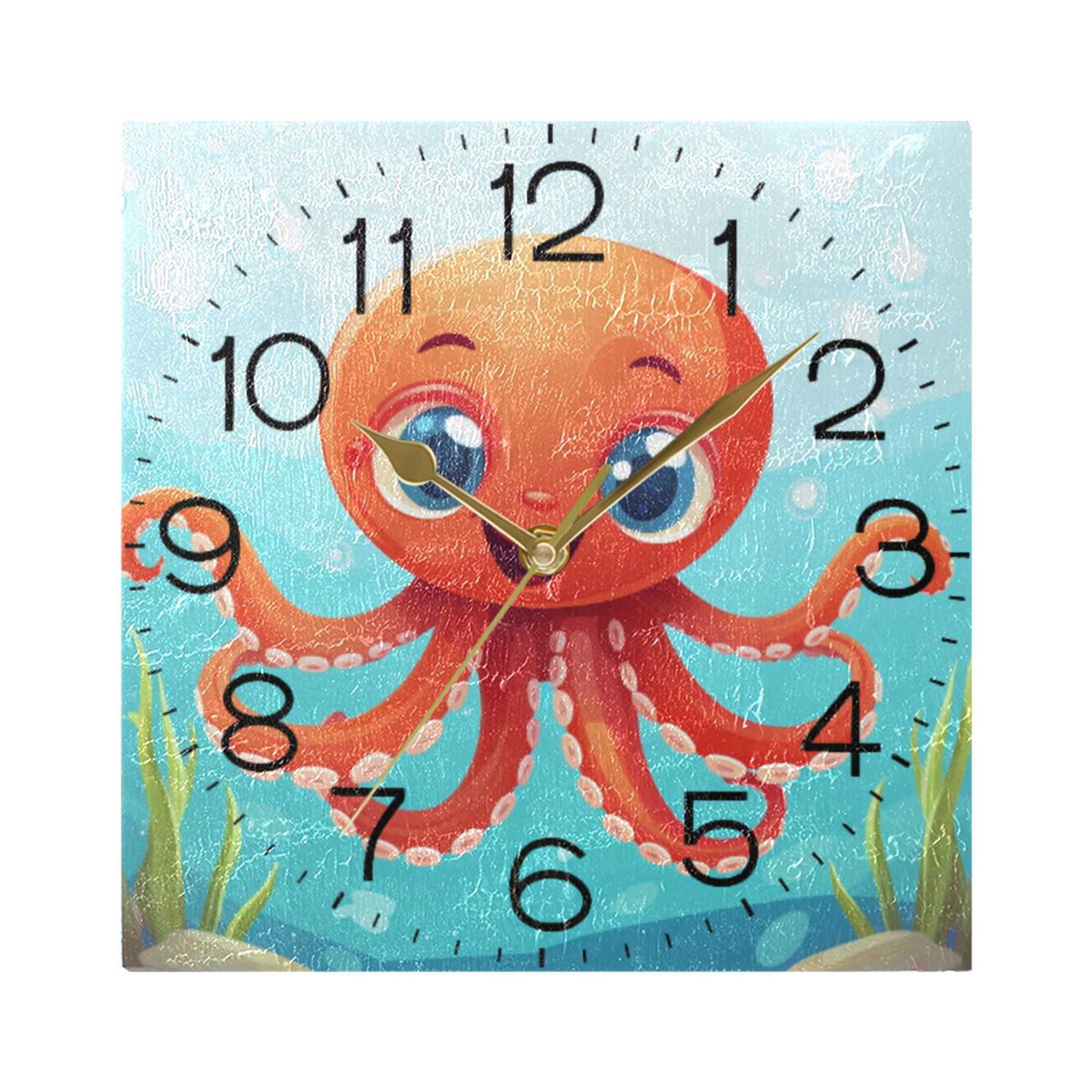 Cartoon Cute Octopus in Sea Wall Clock 7.78" Non-Ticking Silent Battery ...