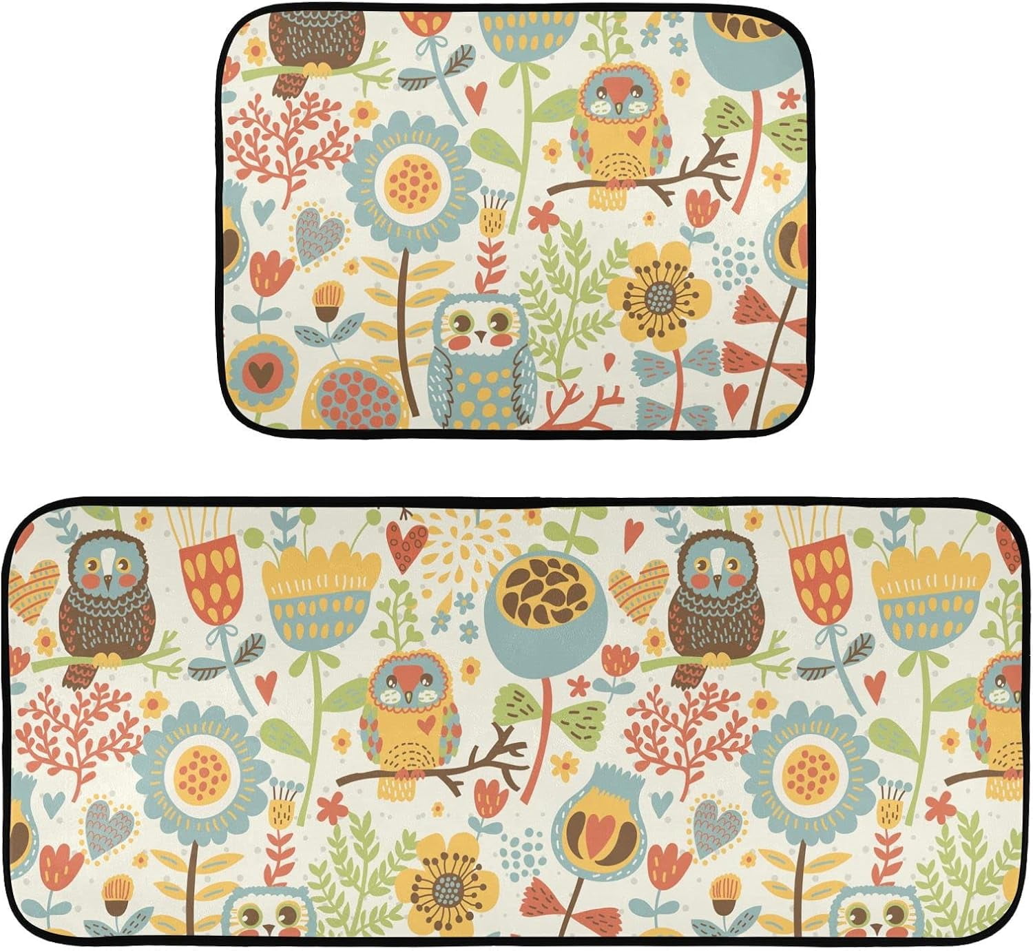 Cartoon Cute Owl Kitchen Rug and Mat Set of 2, Absorbent Washable Non ...
