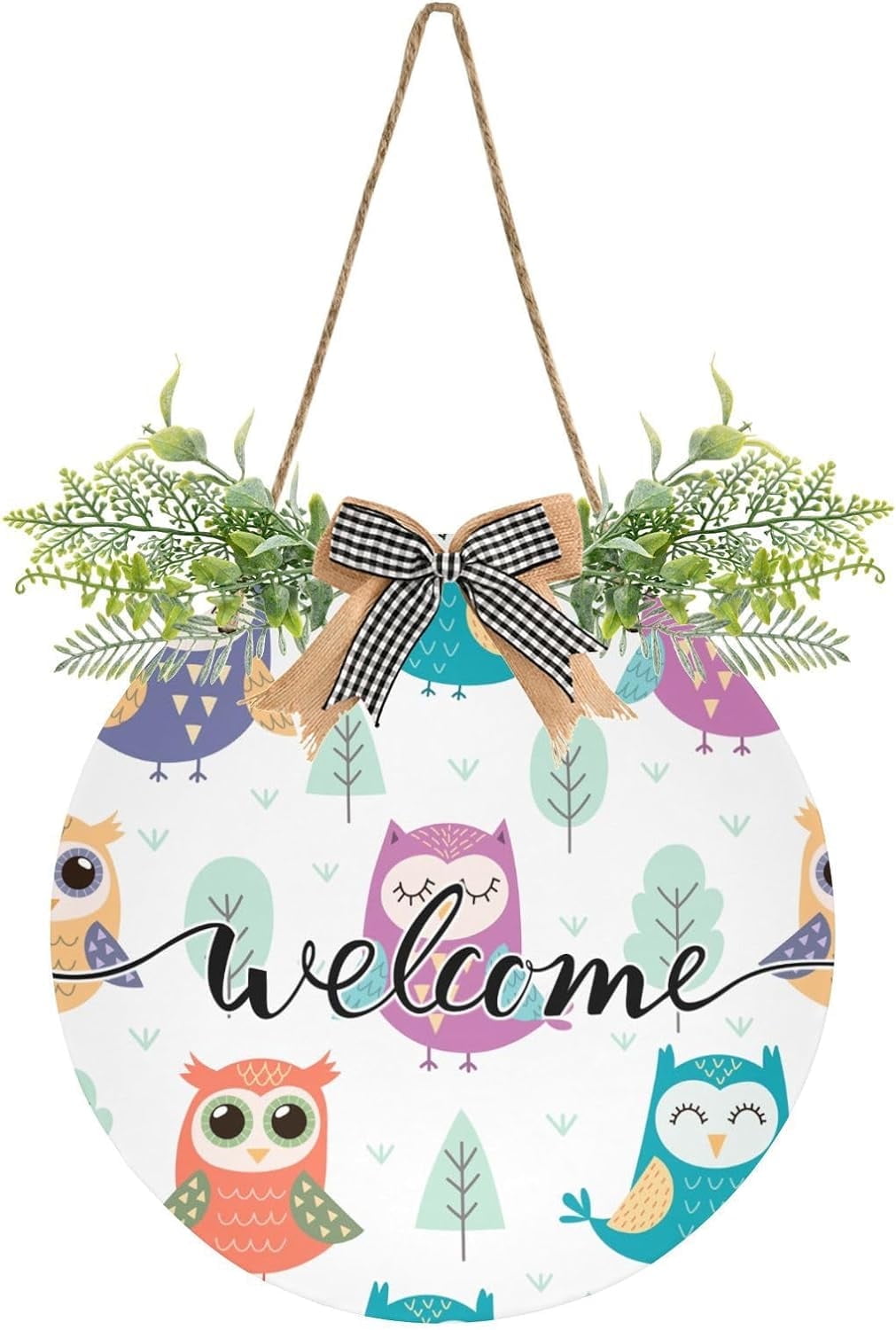 Cartoon Cute Owl Welcome Sign Farmhouse Front Porch Door Hanging ...