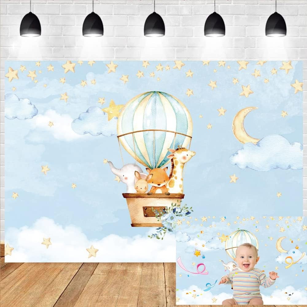 Cartoon Cute Safari Animals Baby Shower Backdrop Hot Air Balloon Blue ...