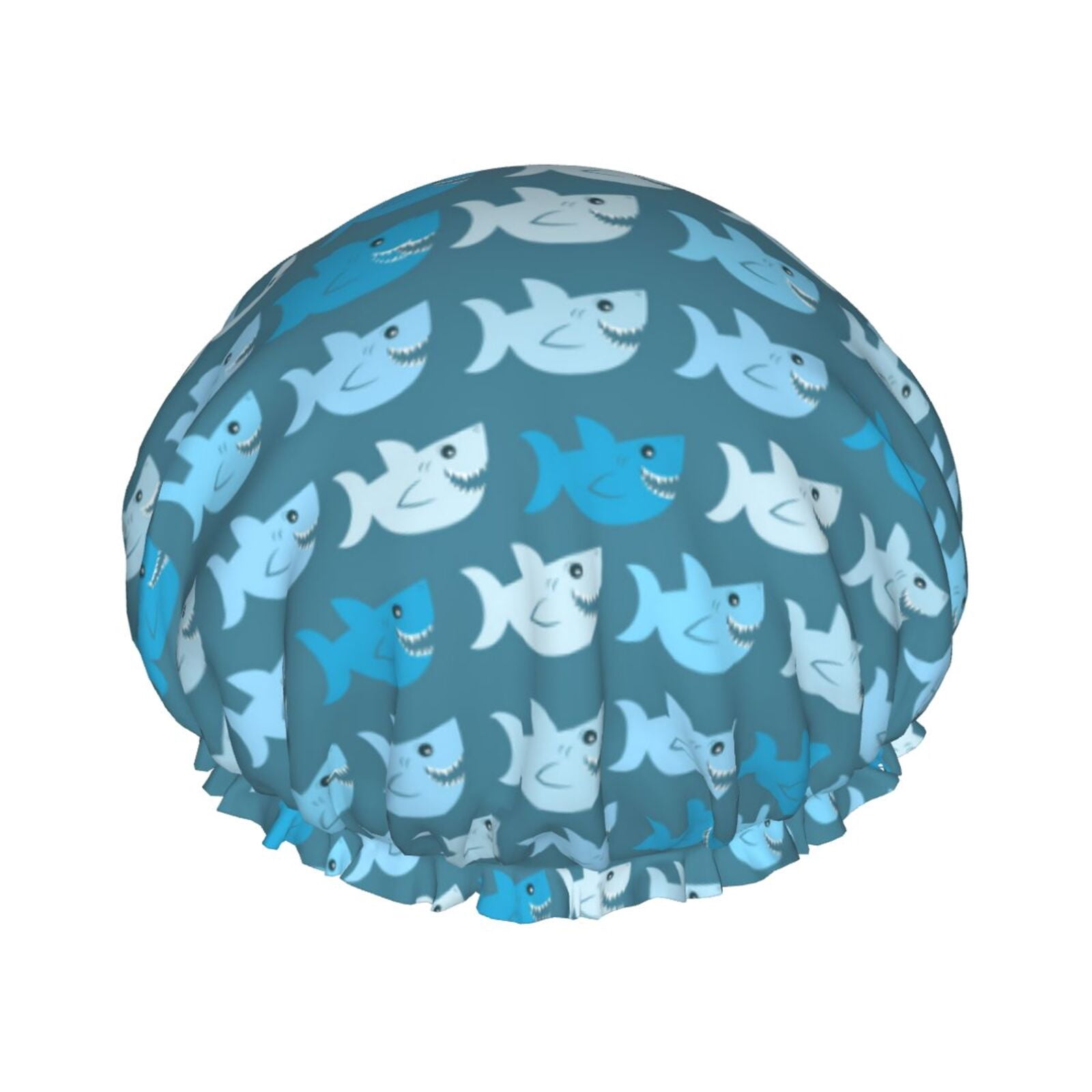 Cartoon Cute Shark Blue Shower Cap for Women, Double Waterproof Layers ...