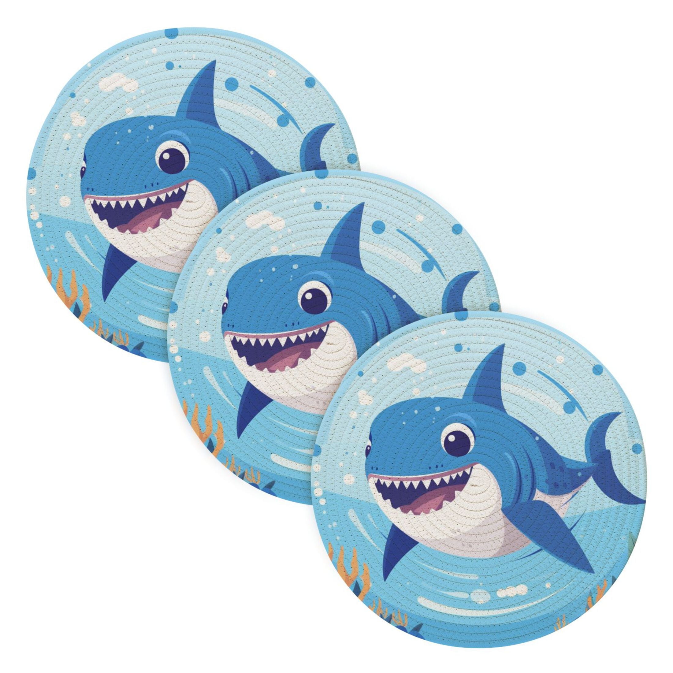Cartoon Cute Shark with Fish 3 Pcs Pot Holders Trivets Set Woven Heat ...