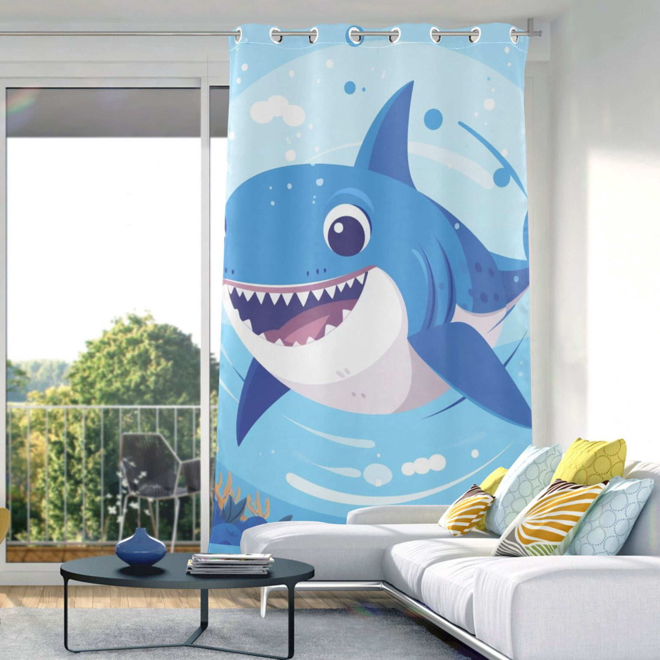 Cartoon Cute Shark with Fish Blackout Curtains W82 x L52 1 Panel Window ...