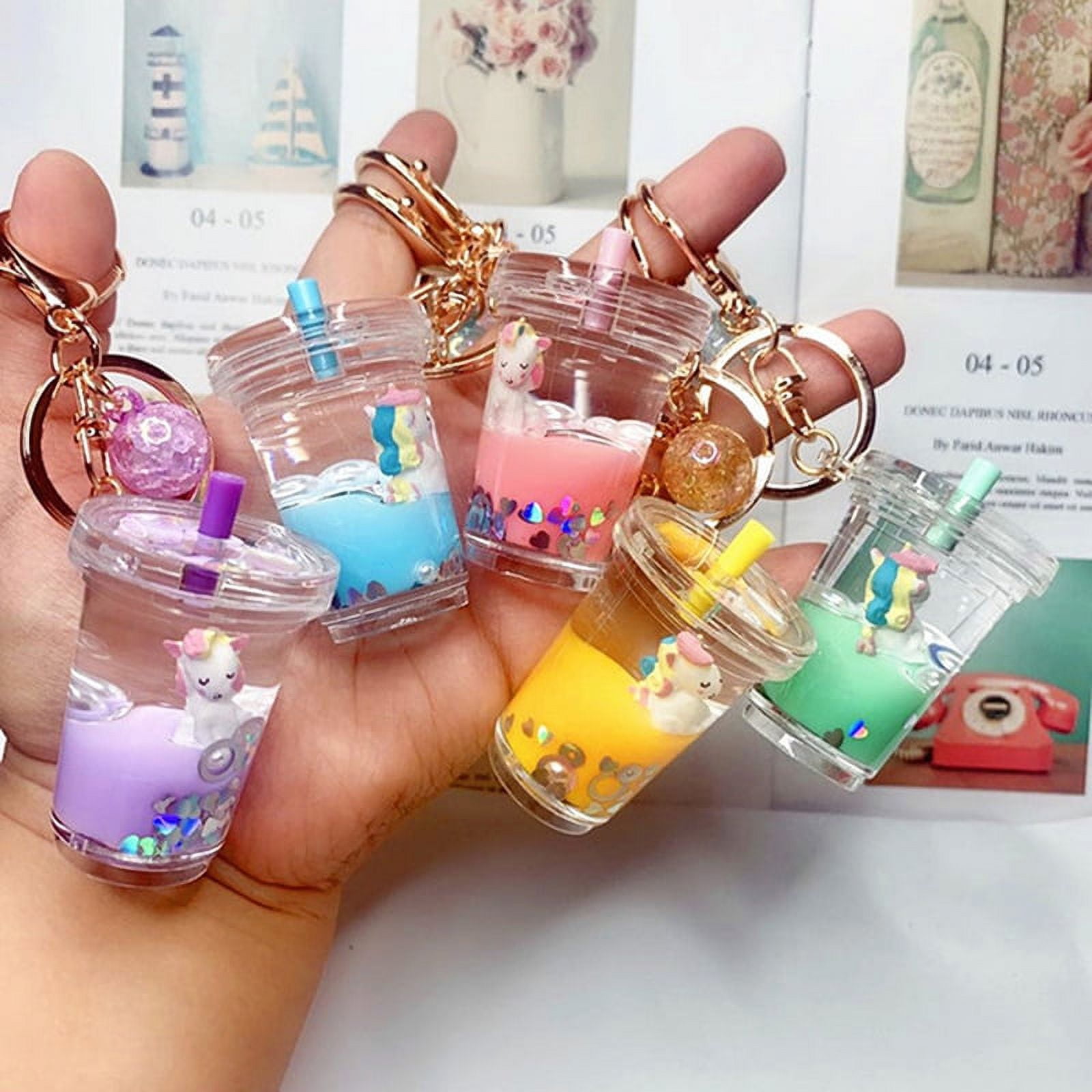 Cartoon Cute Unicorn Keychain Milk Tea Cup Liquid Quicksand Sequin ...